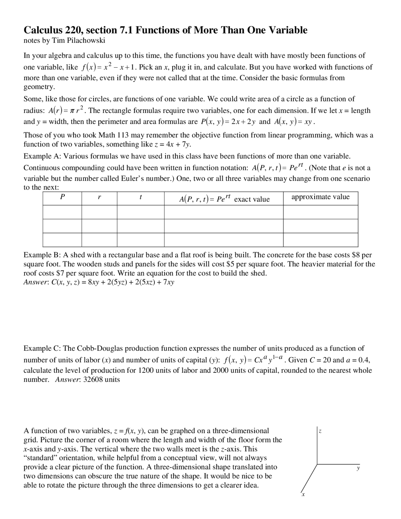 Functions Of More Than One Variables Lecture Notes Math 113 Docsity