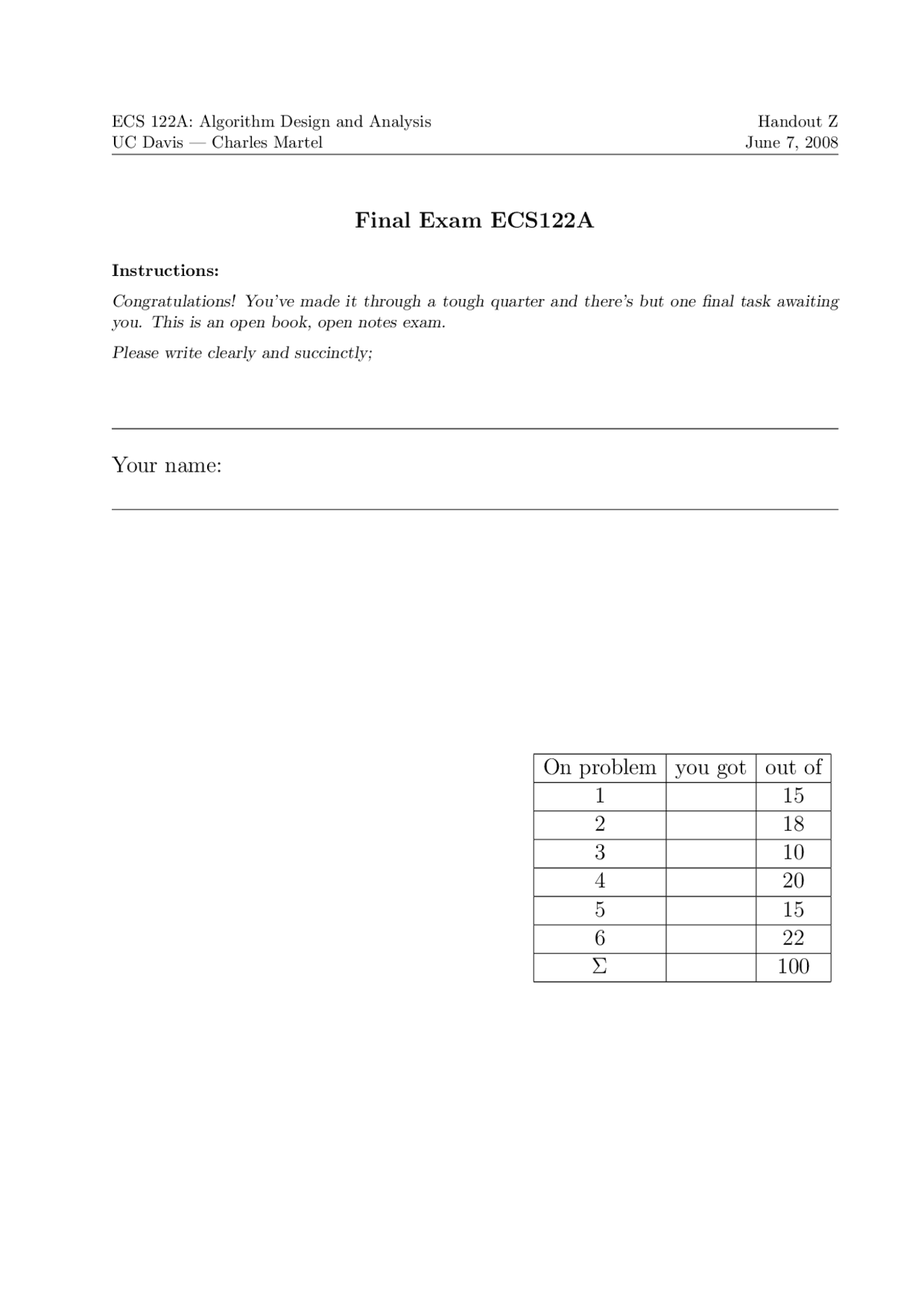 6 Solved Problems On Algorithms Usage Final Exam Ecs 122a Docsity 4891