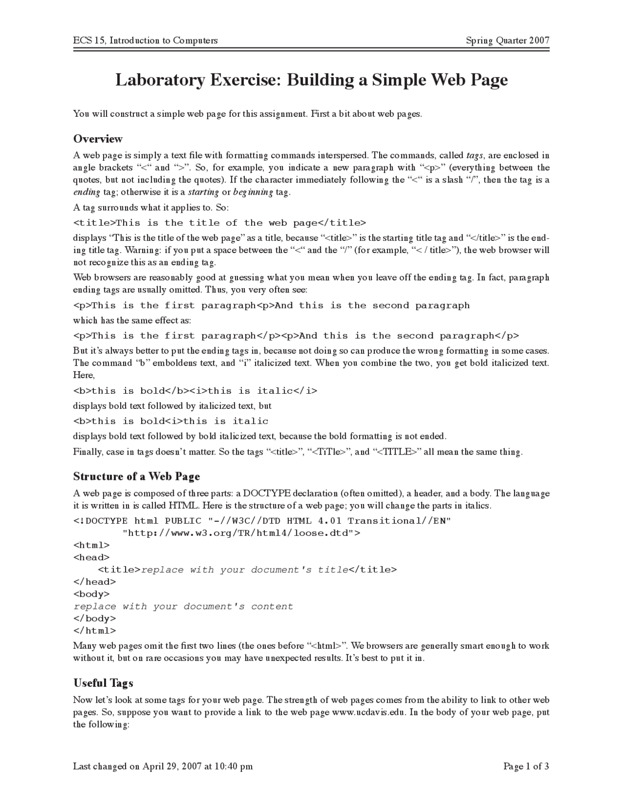 Laboratory Exercises: Building a Sample Web Page | ECS 015 - Docsity