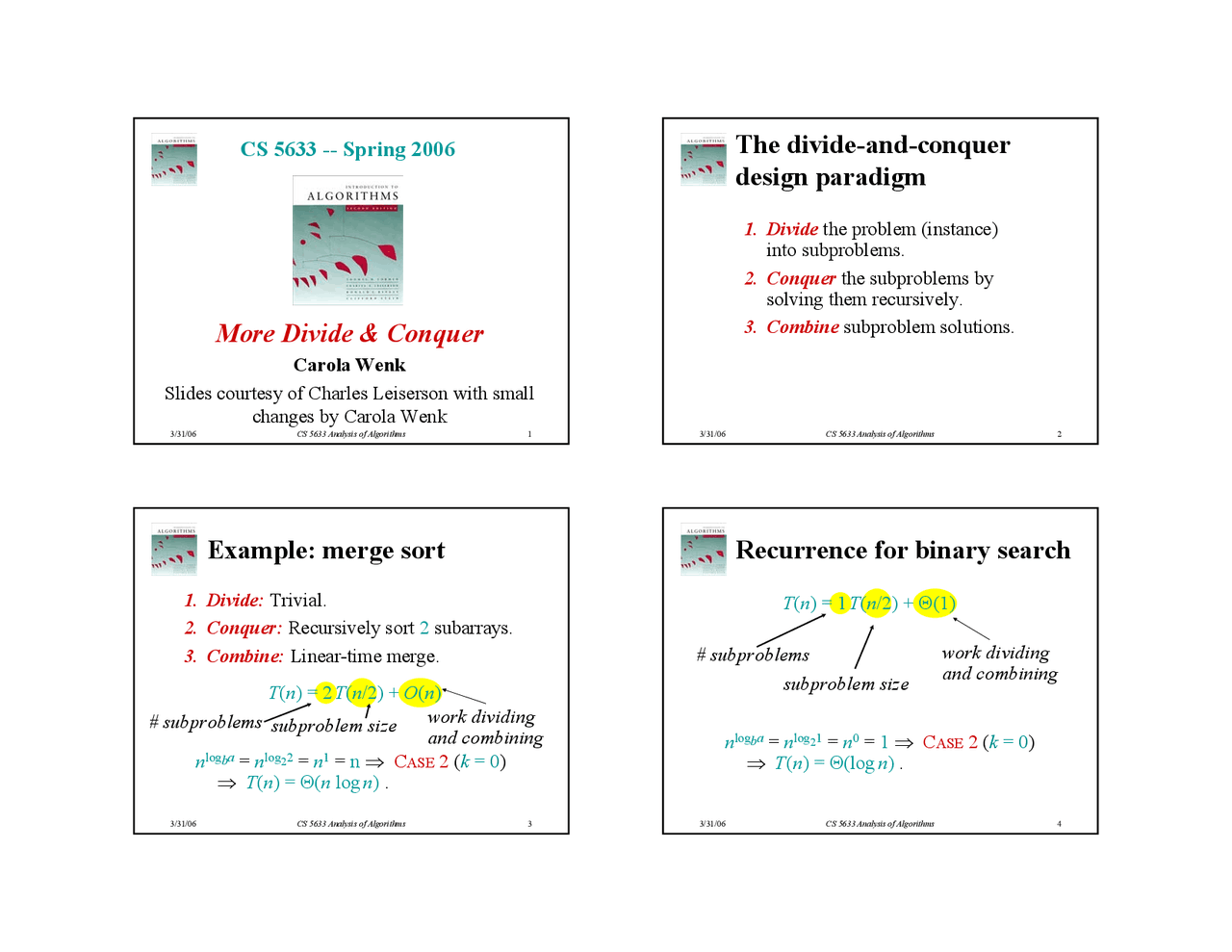 More Divide And Conquer Analysis Of Algorithms Notes Cs 5633