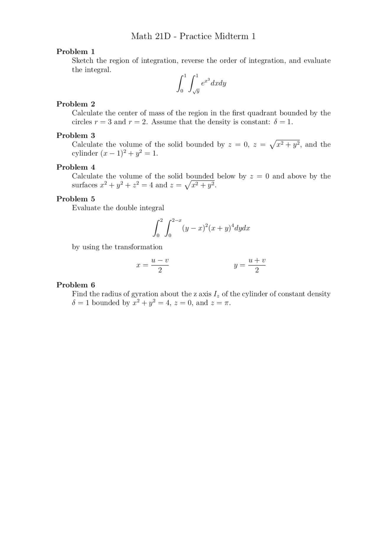 Practice Midterm 1 Vector Analysis Mat 021d Exams Vector Analysis