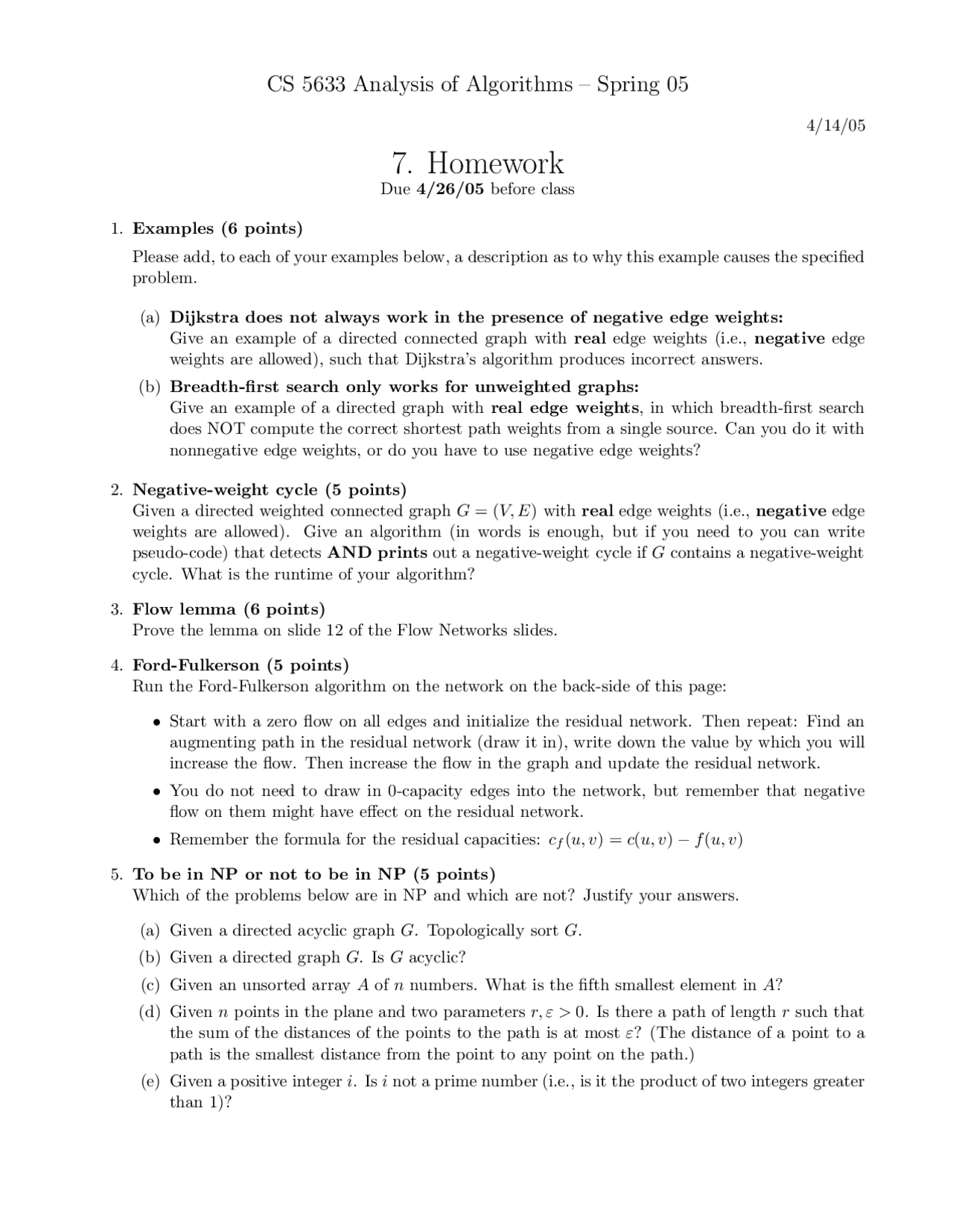 Homework 7 Questions Analysis Of Algorithms Spring 2005 Cs 5633