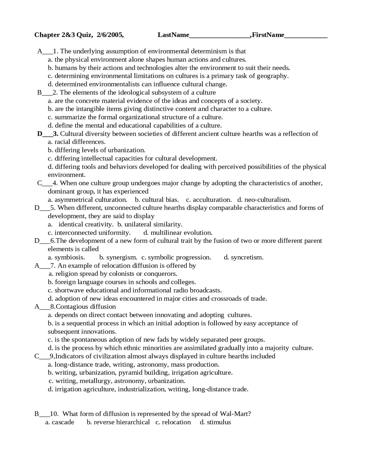 Class Quiz With Answers Introduction To Human Geography Geog 1120
