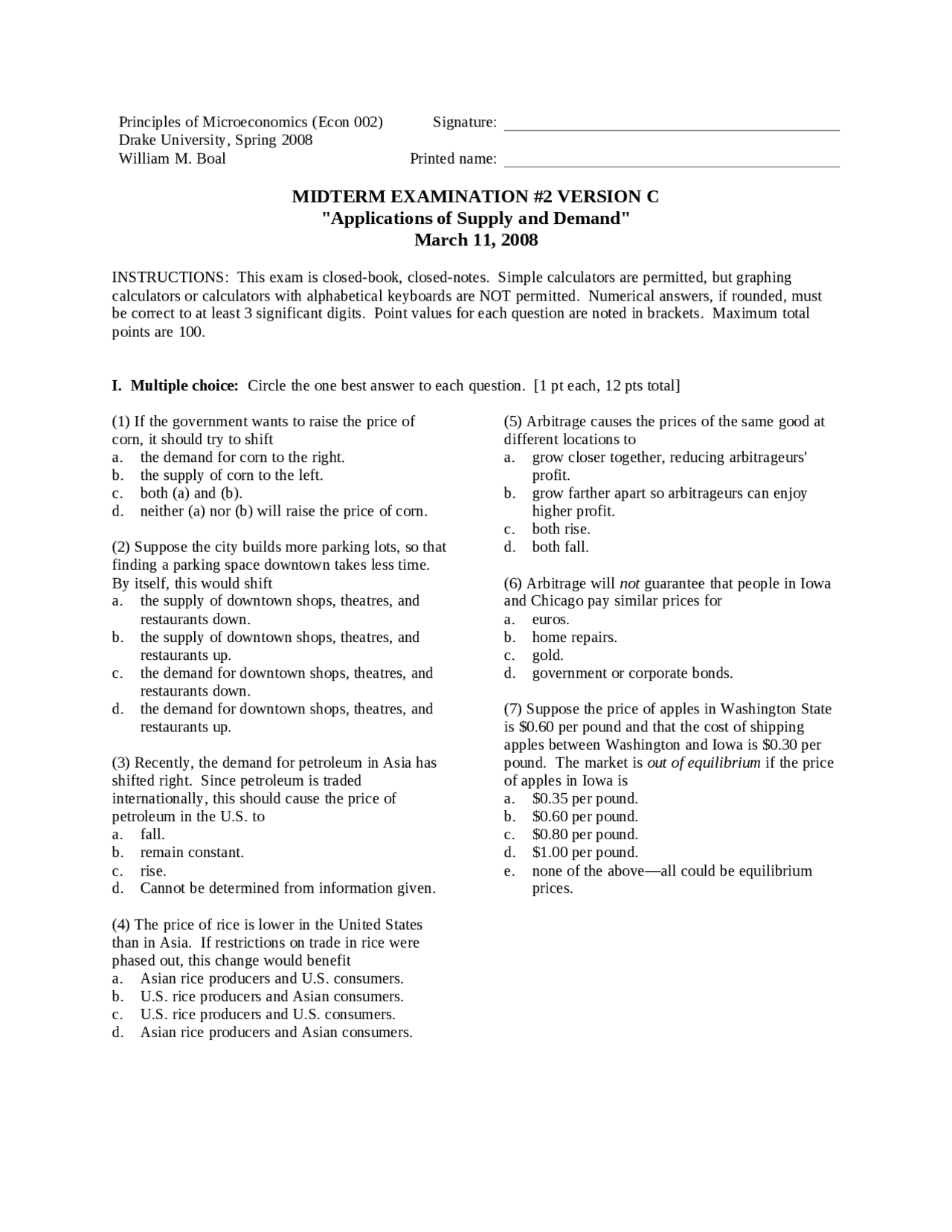 Applications Of Supply And Demand Midterm Exam 2c Econ 002 Docsity
