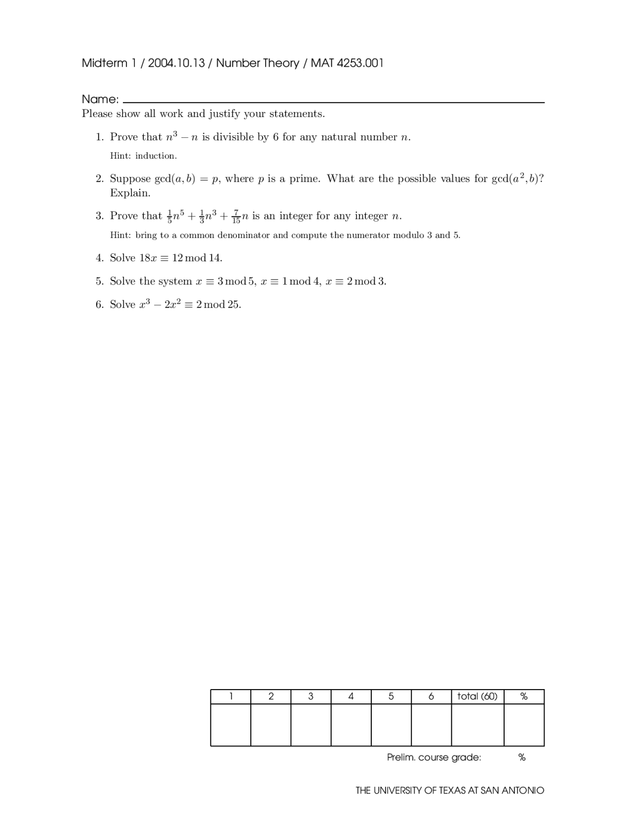 Number Theory - Midterm Examination - Fall 2004 | MAT 4253 - Docsity