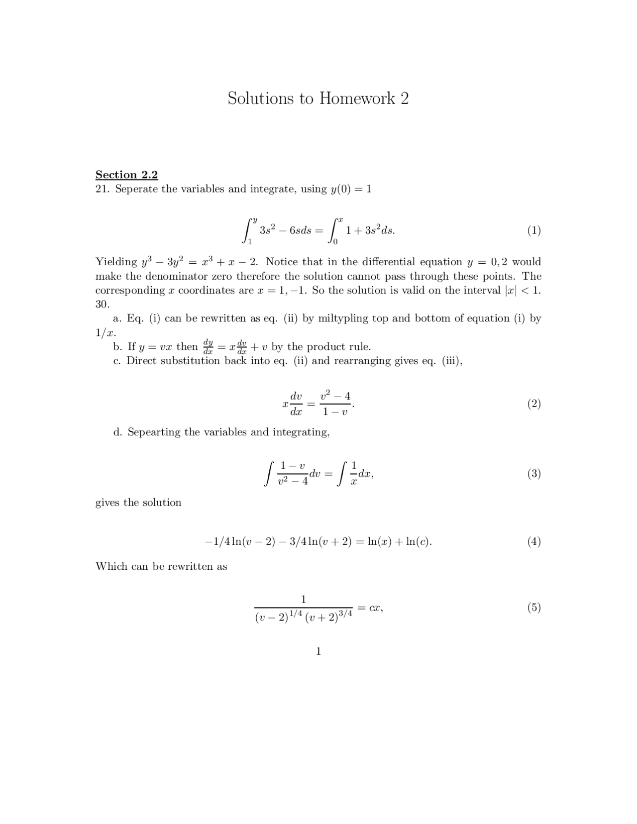 Solutions to Homework for Differential Equations | MAT 022B - Docsity