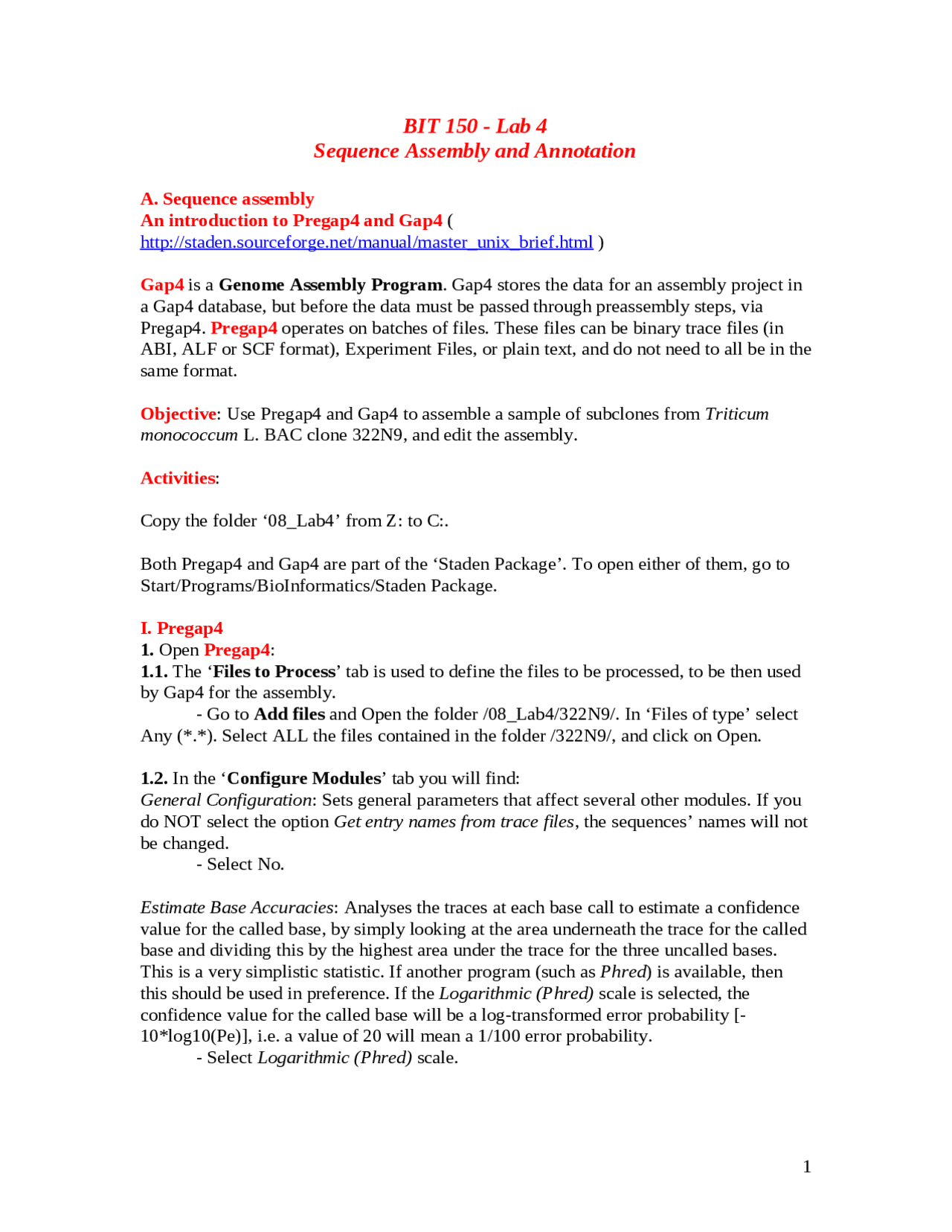 Sequence Assembly And Annotation Laboratory 4 Bit 150 Docsity