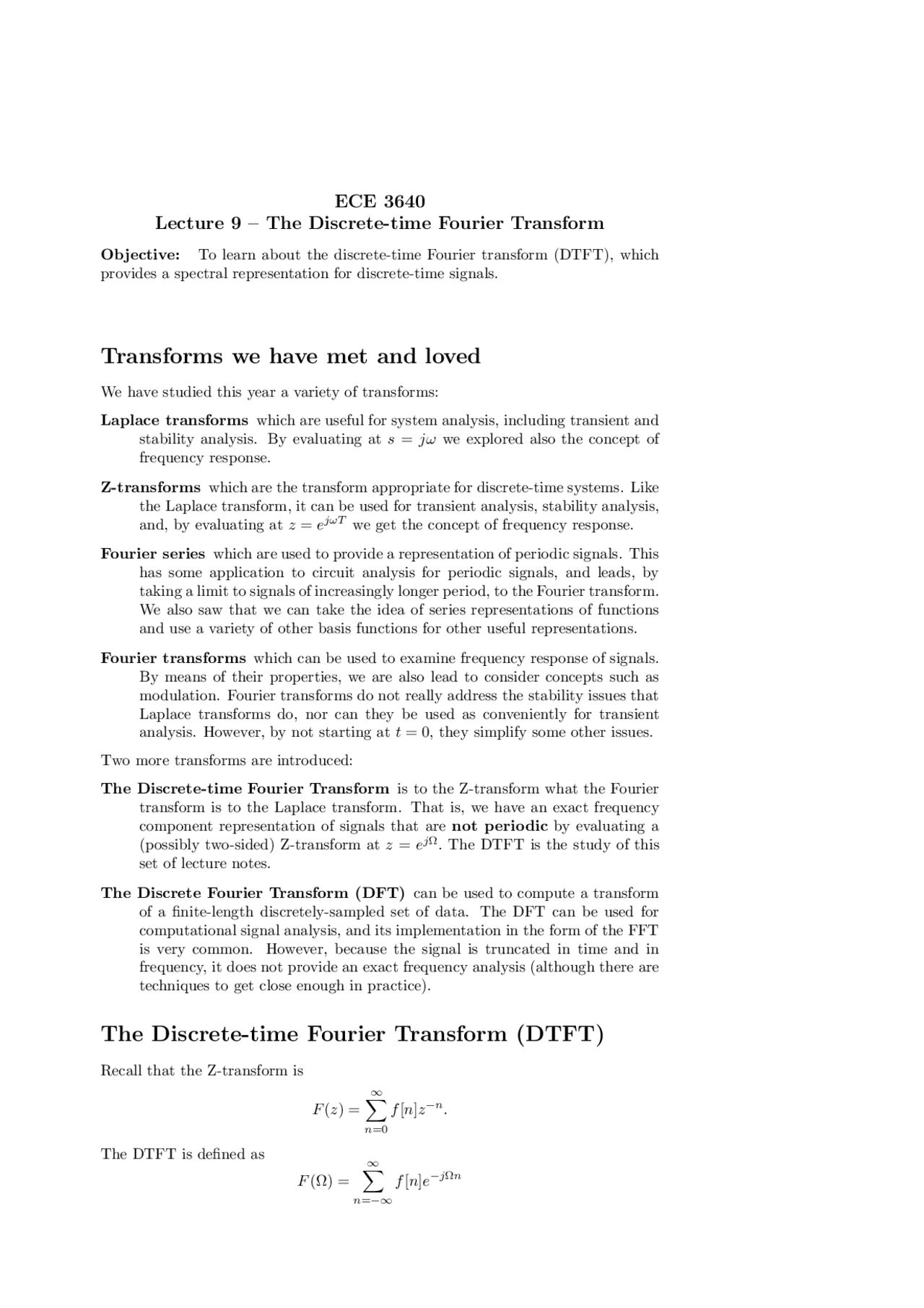 The Discrete Time Fourier Transform Lecture Notes Ece 3640 Docsity