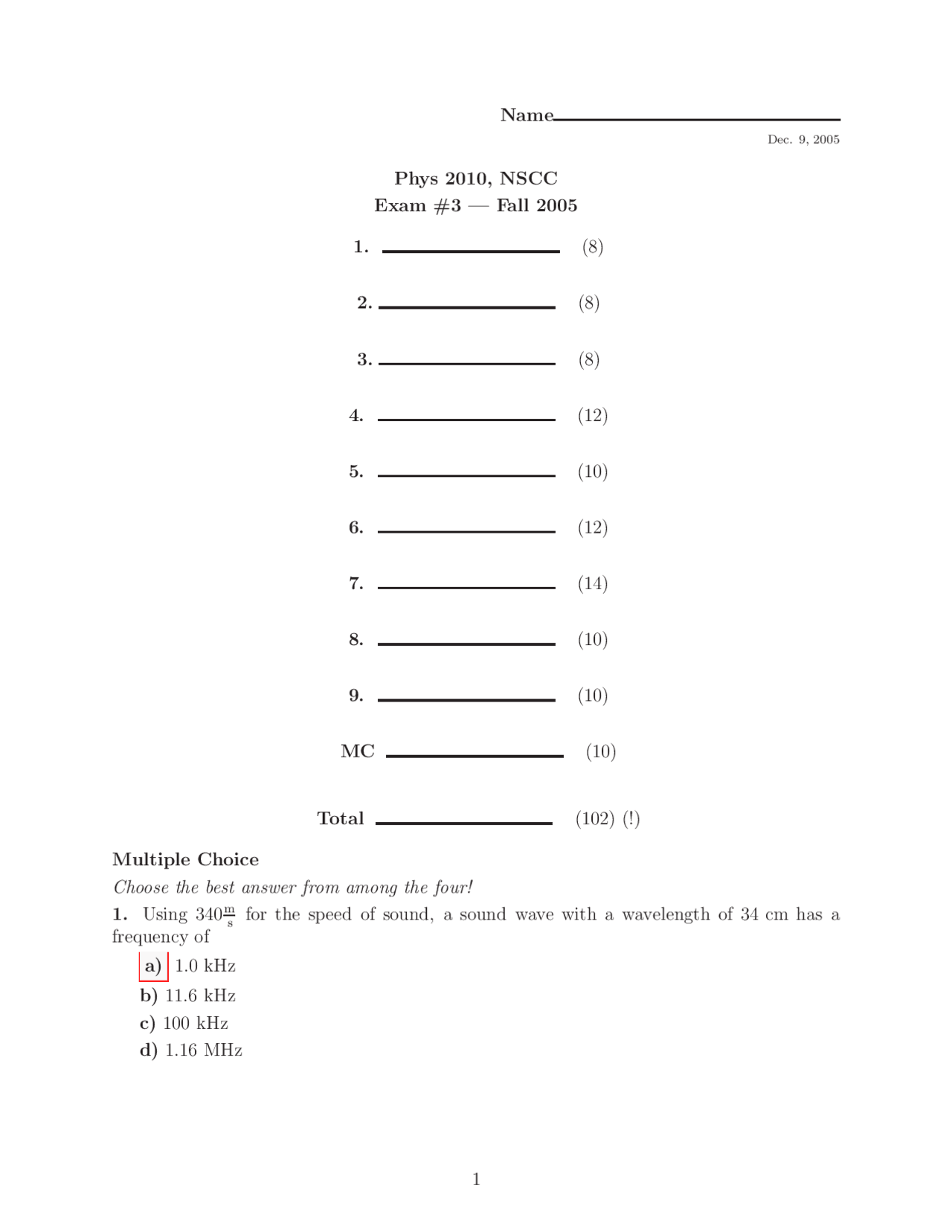 Exam 3 With Answer Key Algebra Based Physics I Phys 2010 Docsity