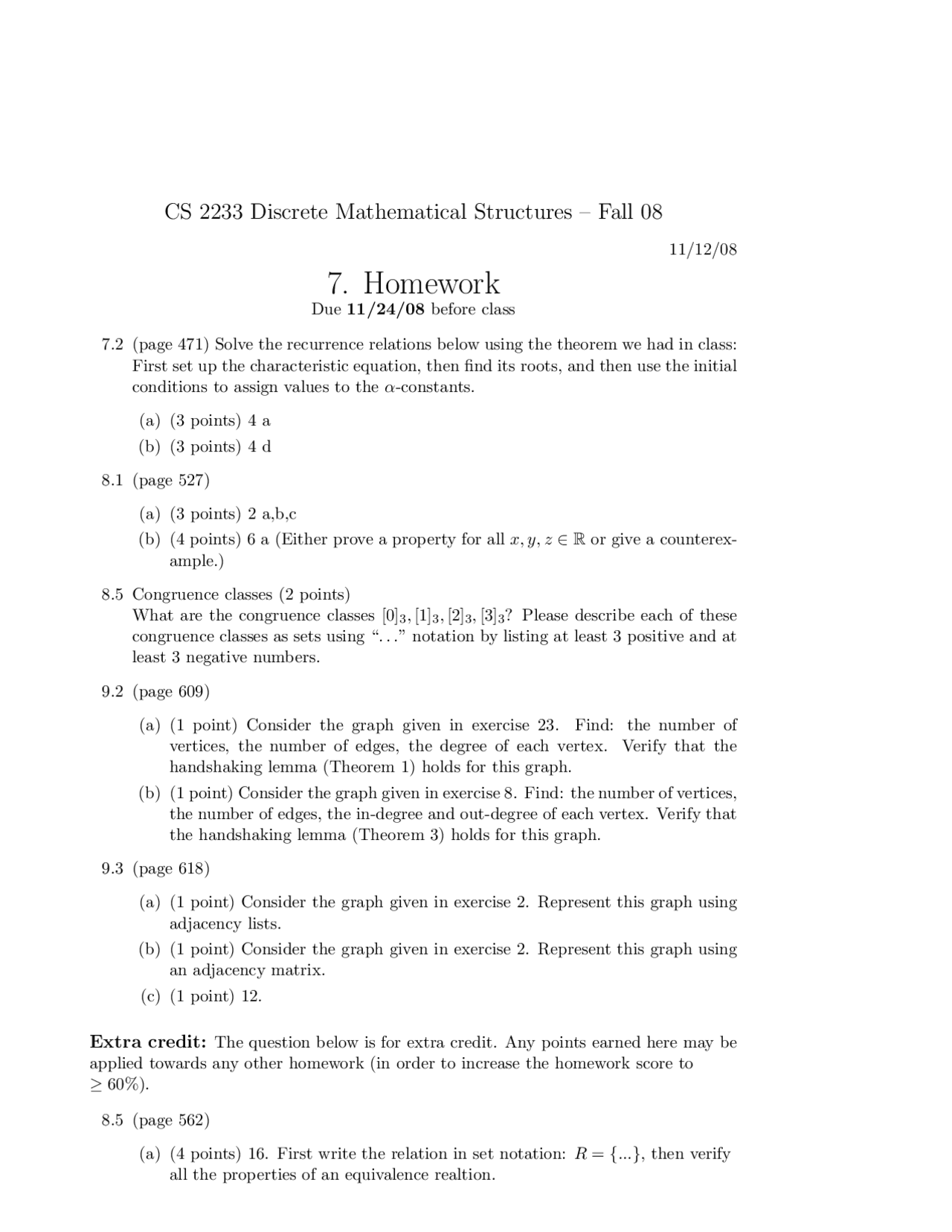 Homework 7 Questions Discrete Math Structures Cs 2233 Docsity