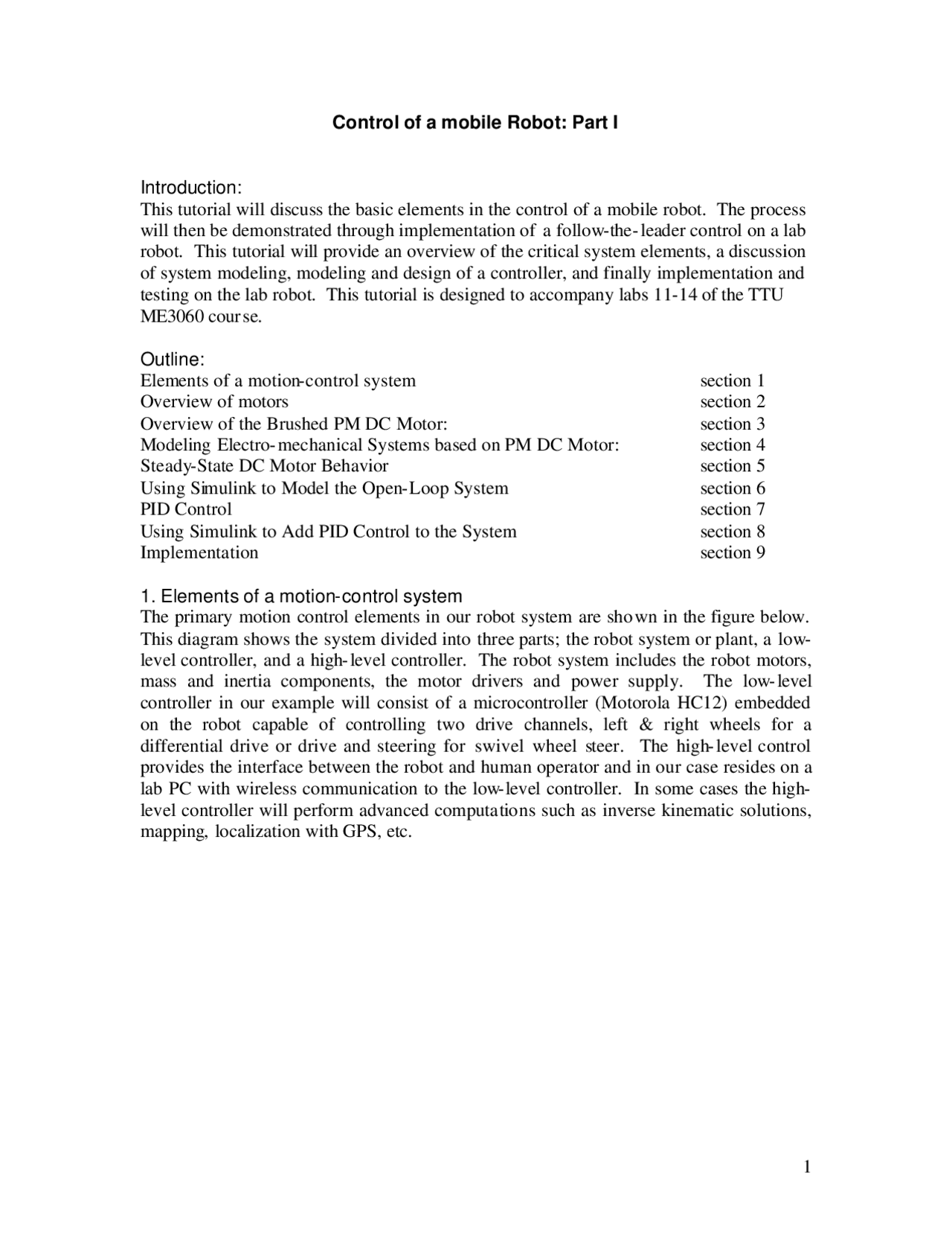 Control of a Mobile Robot: Part I - Laboratory | ME 4370 - Docsity