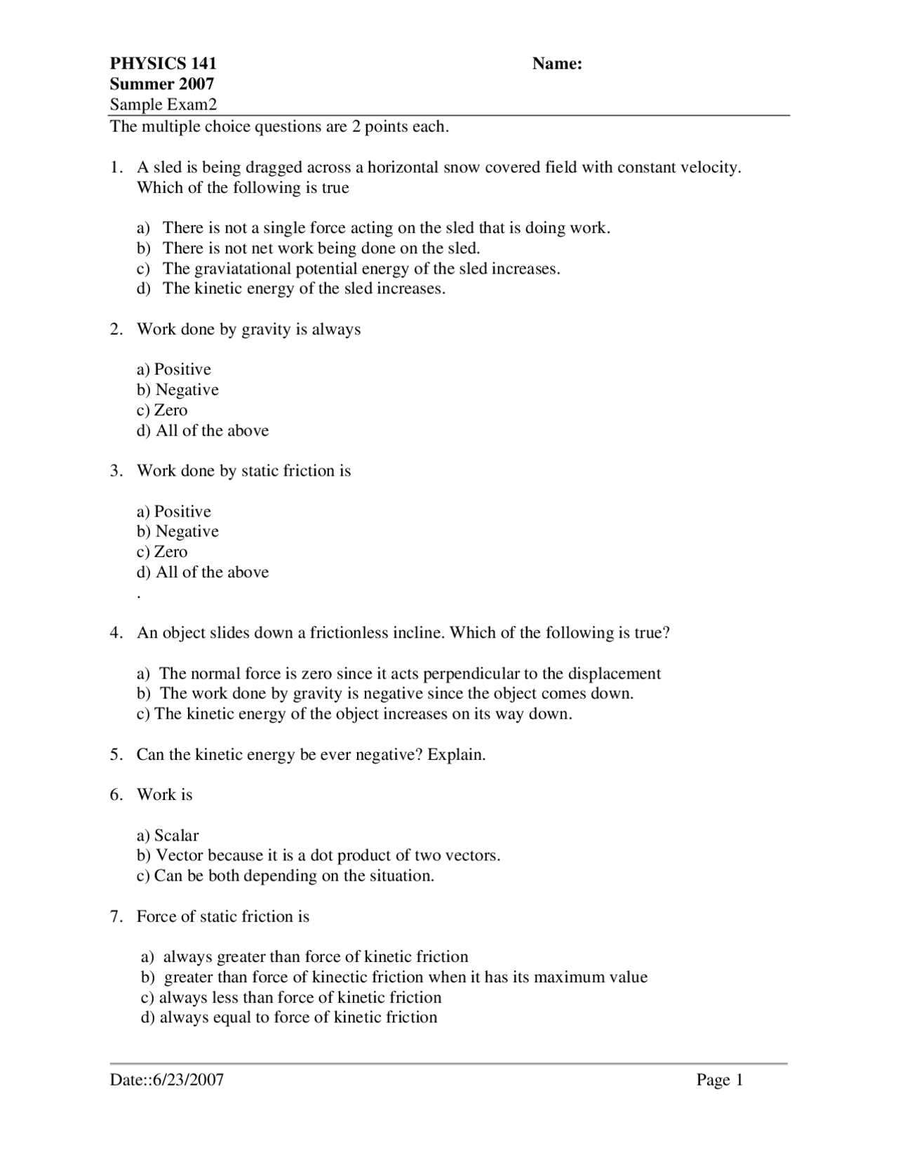 Principles Physics Sample Exam Questions 2007 Phys 141 Docsity