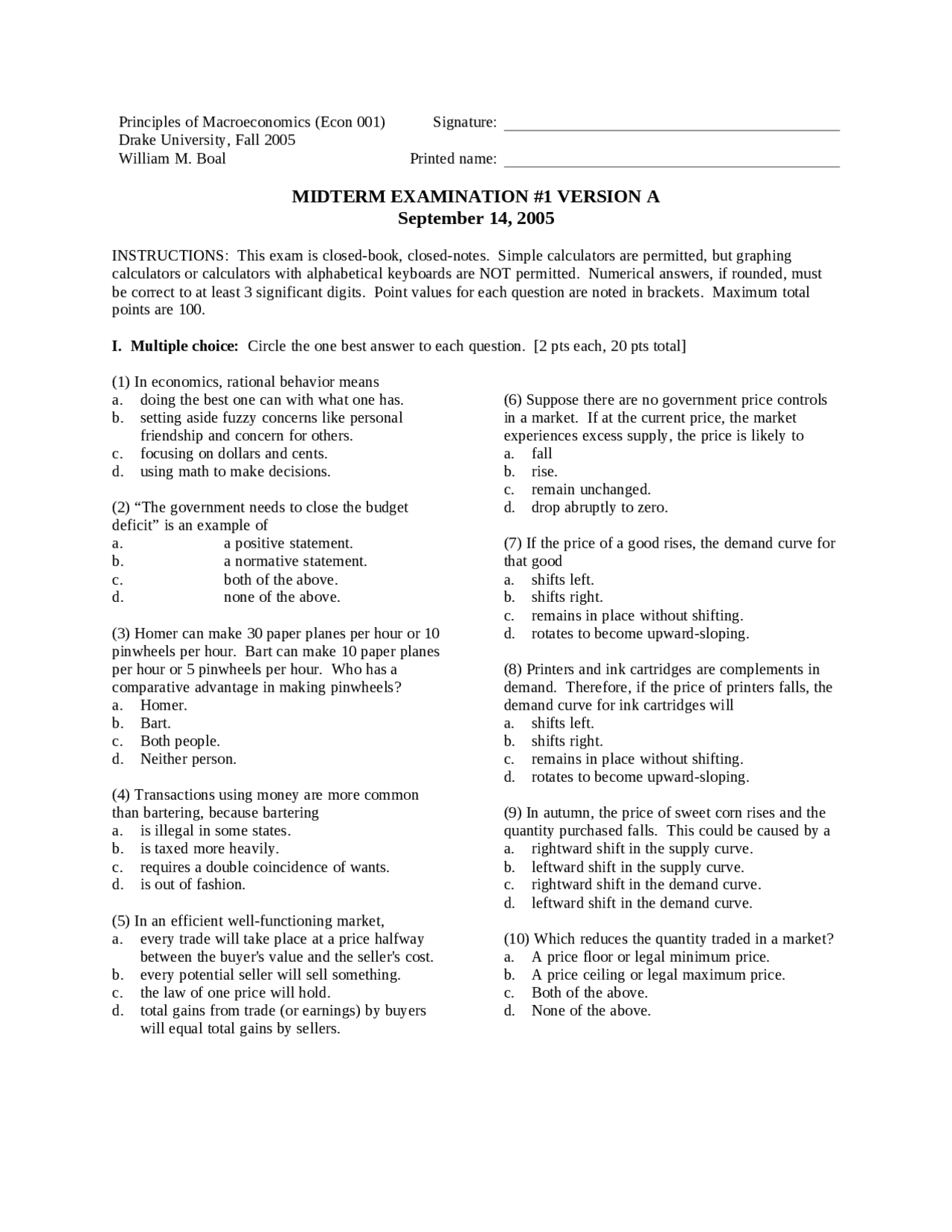 Midterm 1 Version A Principles Of Macroeconomics Econ 001 Docsity