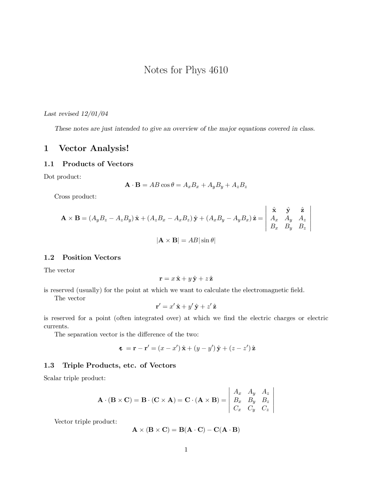 Lecture Notes On Vector Analysis Classical Electricity And Magnetism