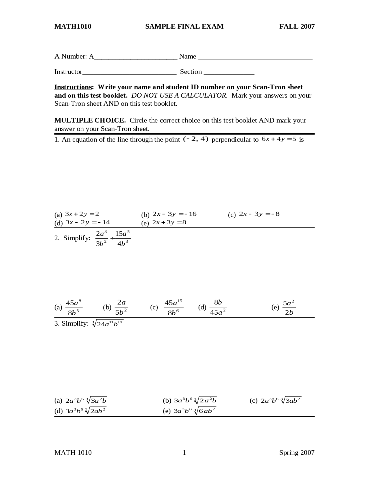 Sample Final Exam With Solution Key Intermediate Algebra Math 1010