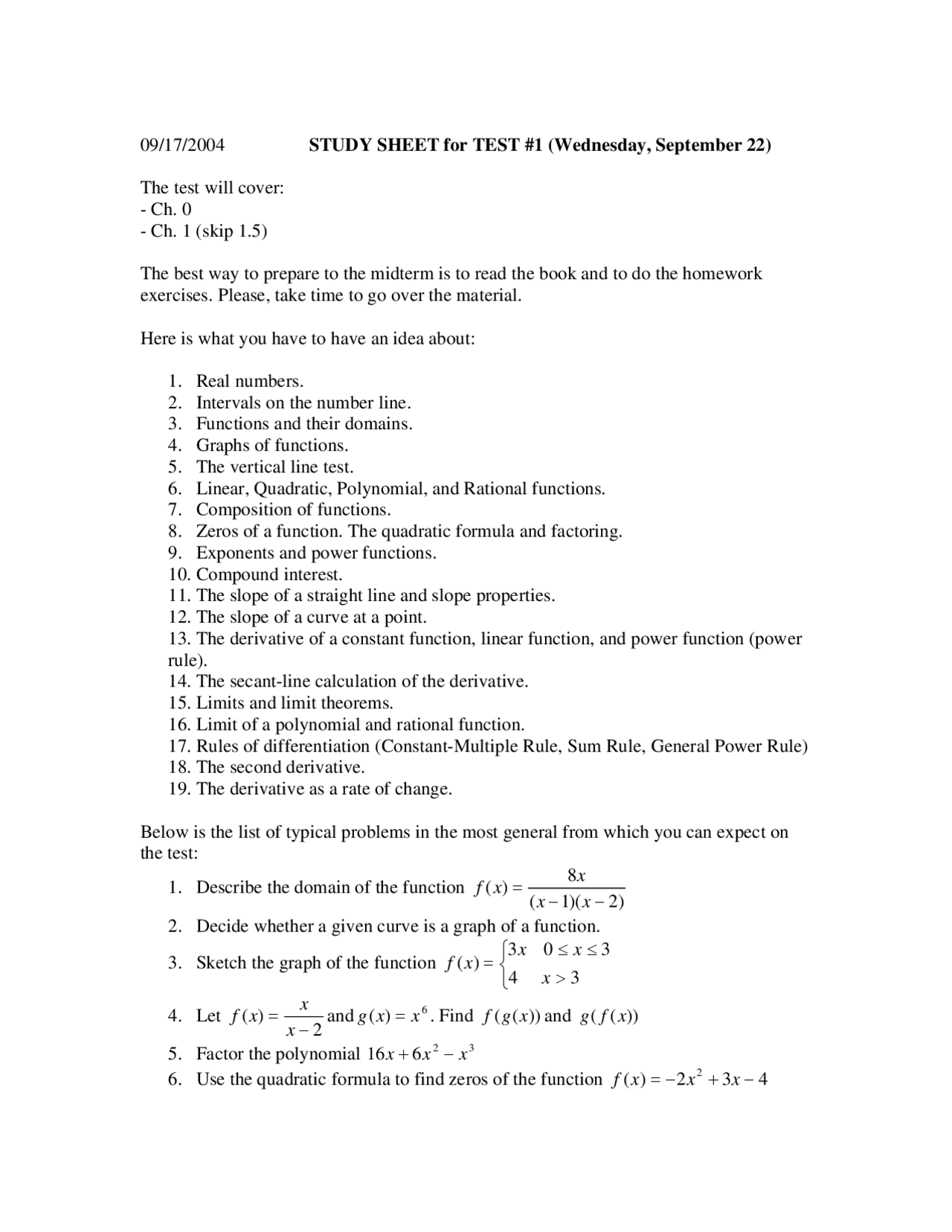 Study Sheet for Test 1 - Applied Calculus | MTH 140 - Docsity