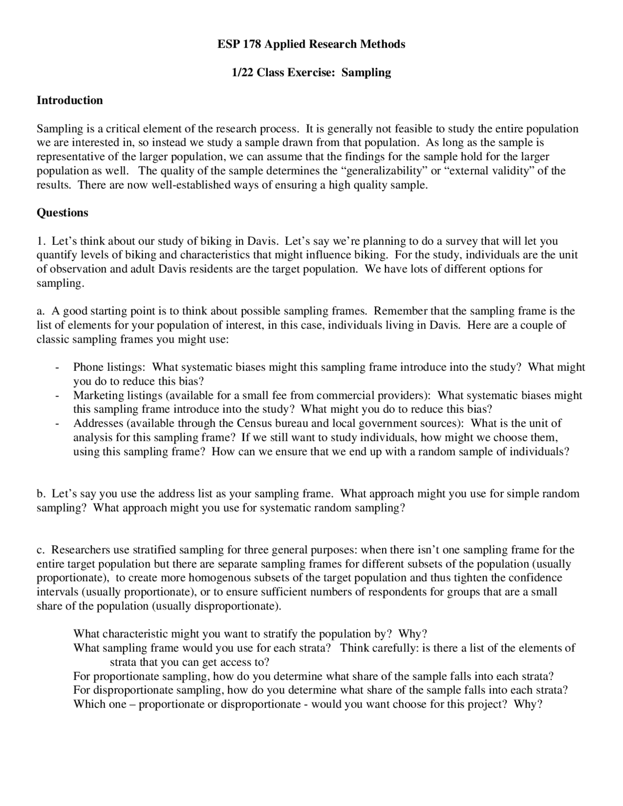 Class Exercise Sampling Applied Research Methods Esp 178 Docsity