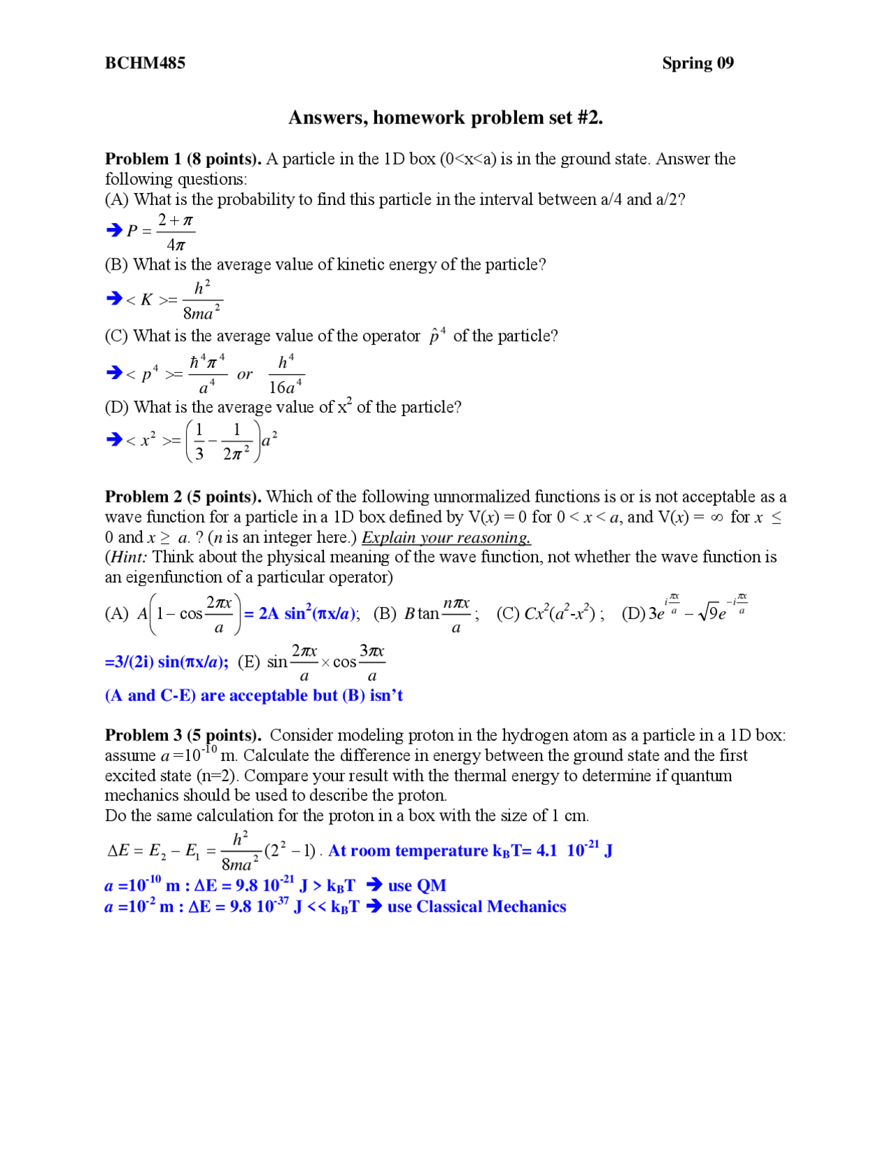 Problem Set 2 With Answers Physical Biochemistry Bchm 485 Docsity