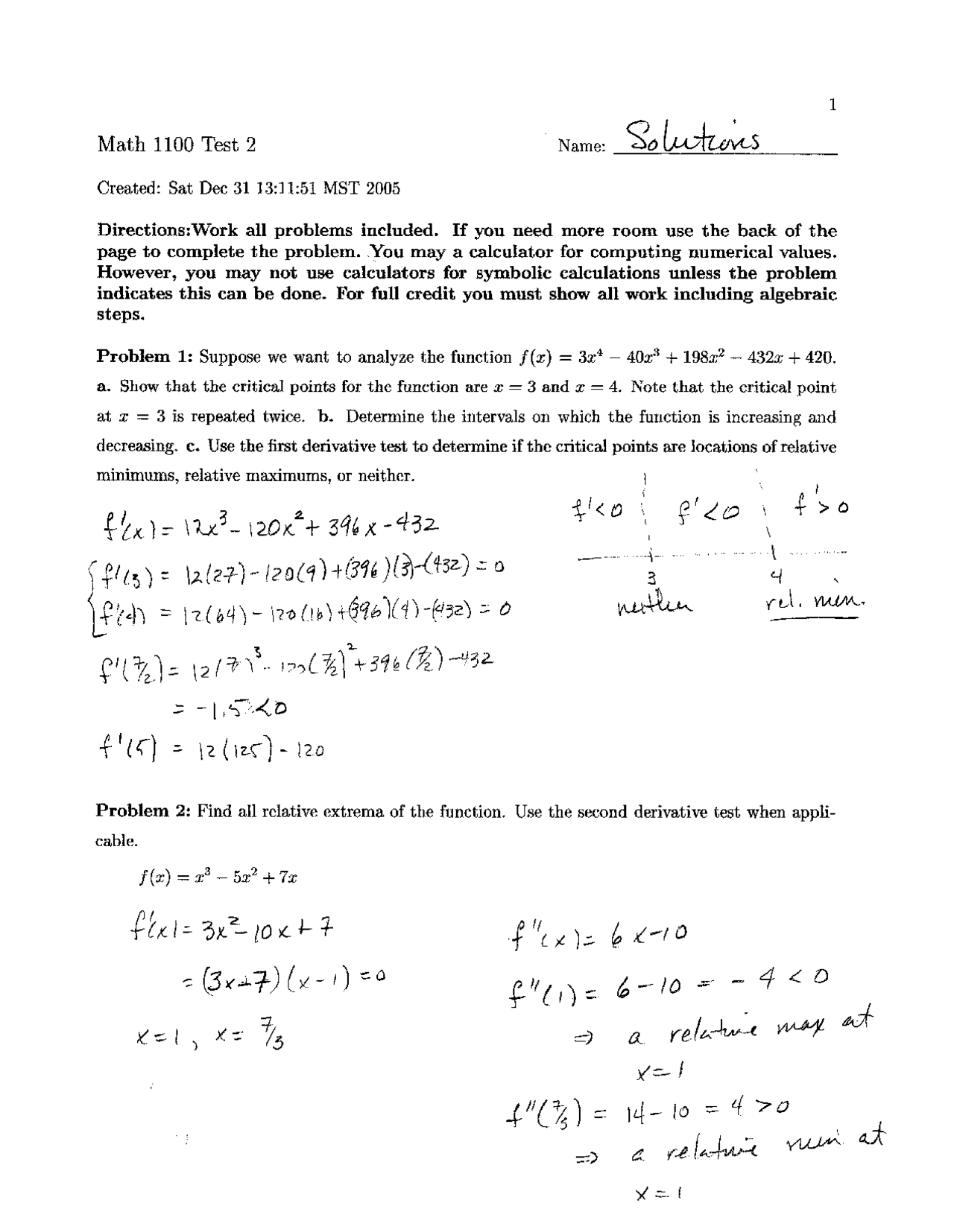 Exam With Solution For Calculus Techniques Math 1100 Docsity