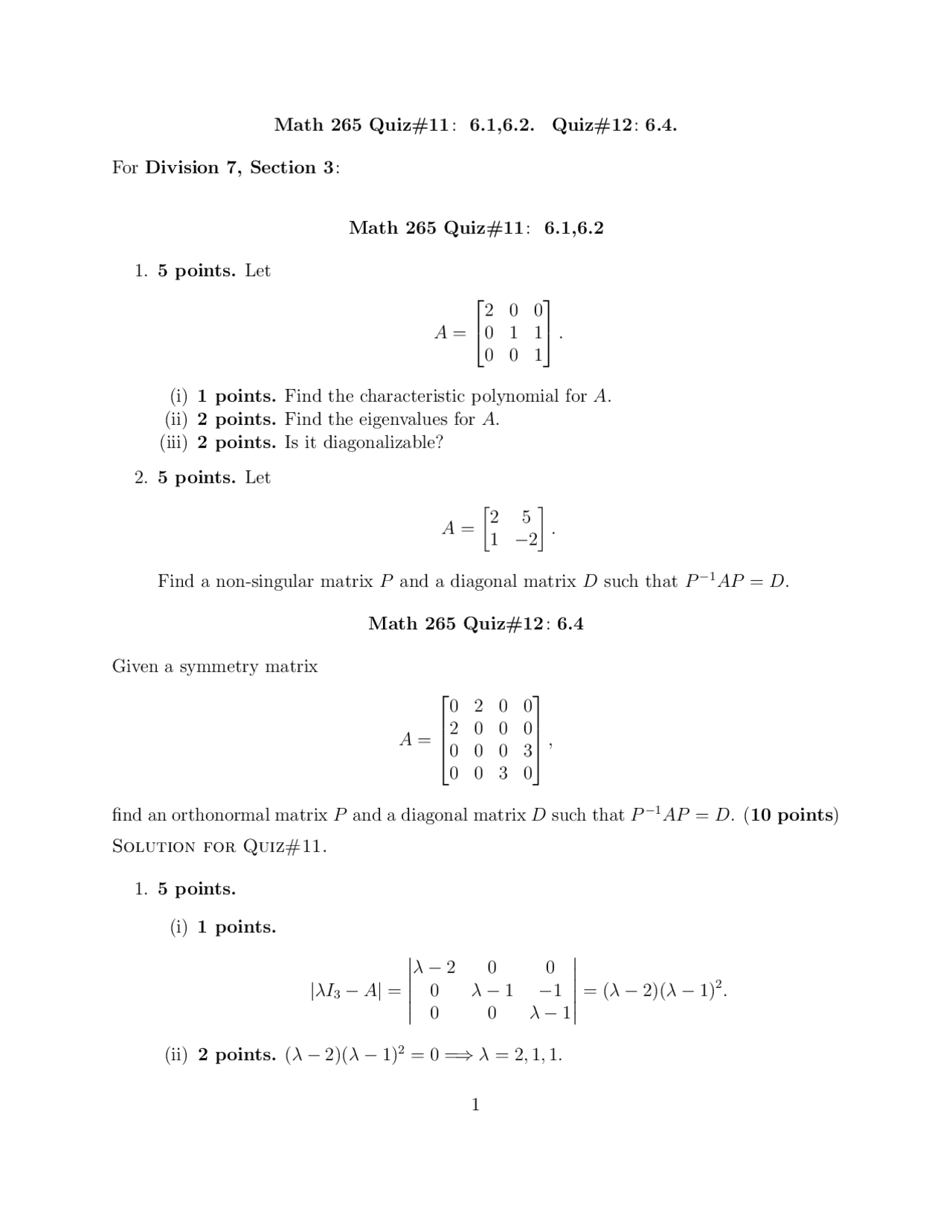Questions With Answer Quiz 11 And Quiz 12 Linear Algebra Ma 26500