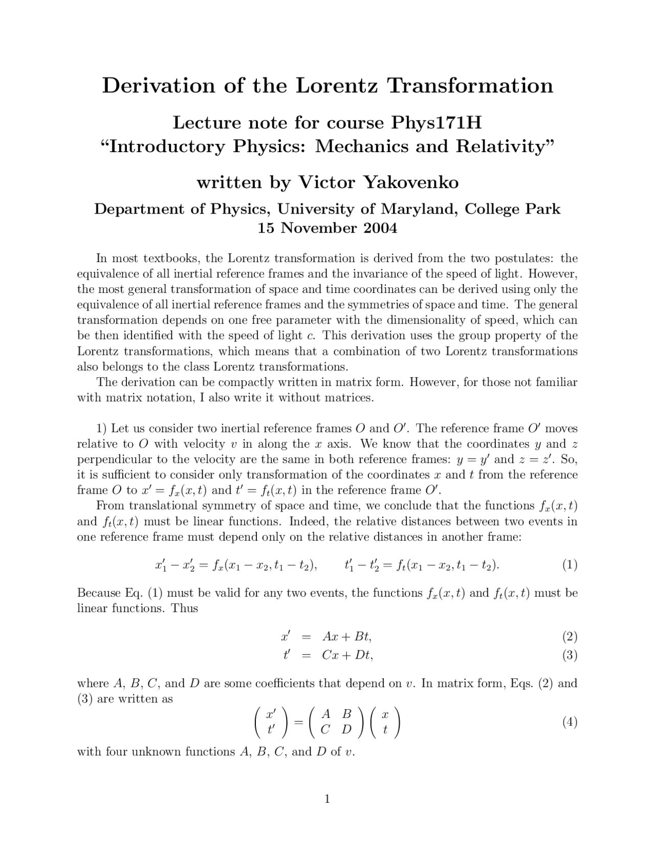 Derivation Of The Lorentz Transformation Lecture Notes Phys 171