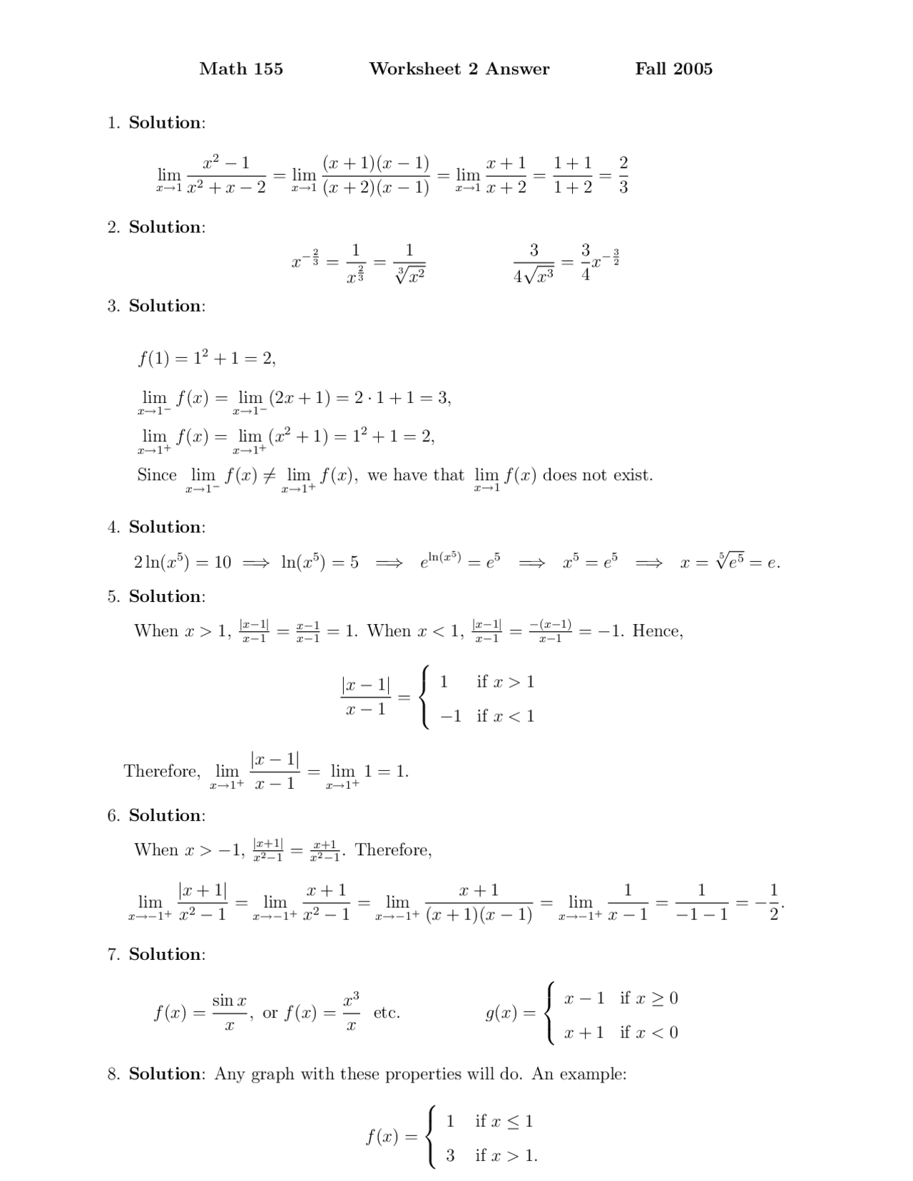 Answers For Worksheet 2 Calculus 1 Math 155 Docsity