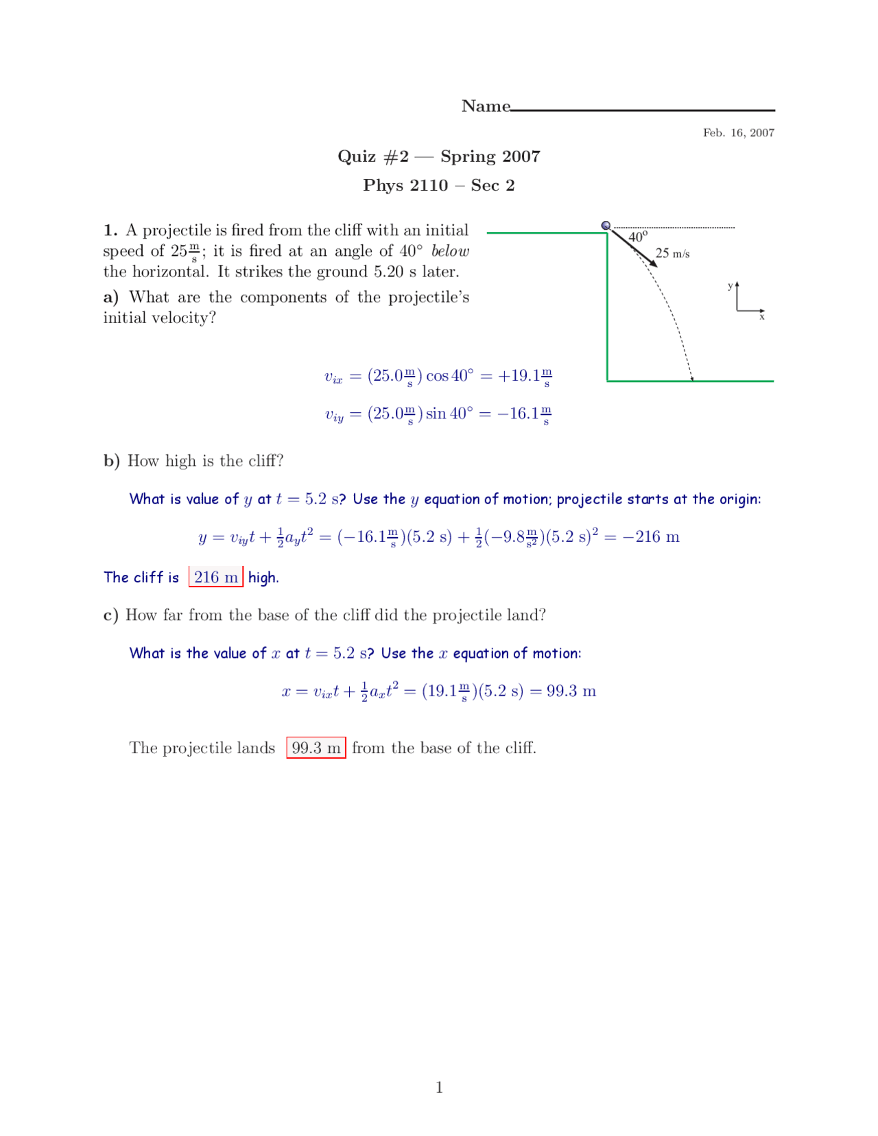 Solutions For Quiz 2 Calculus Based Physics I Spring 2007 Phys