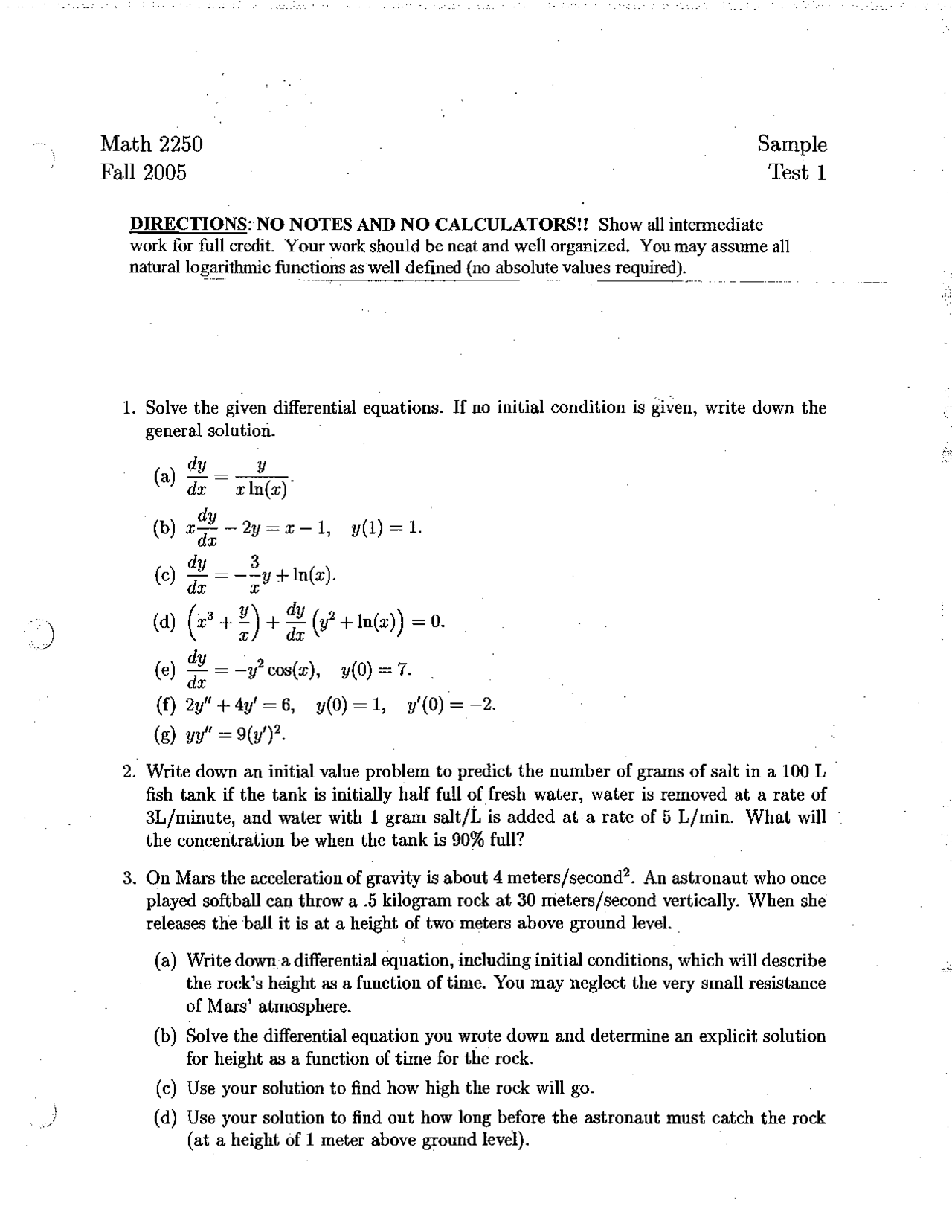 Exam 1 for Linear Algebra and Differential Equations | MATH 2250 - Docsity