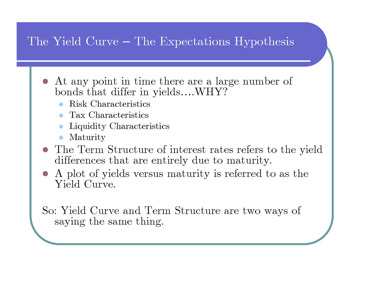 The Yield Curve-The Expectations Hypothesis | ECN 135 - Docsity