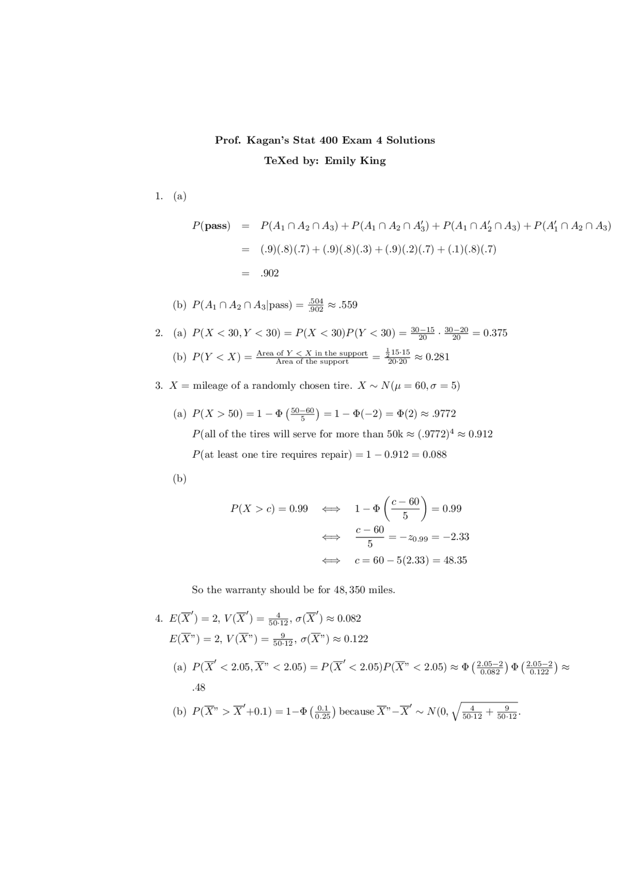 Exam 4 with Solutions for Applied Probability and Statistics I | STAT 400 | Exams Probability ...