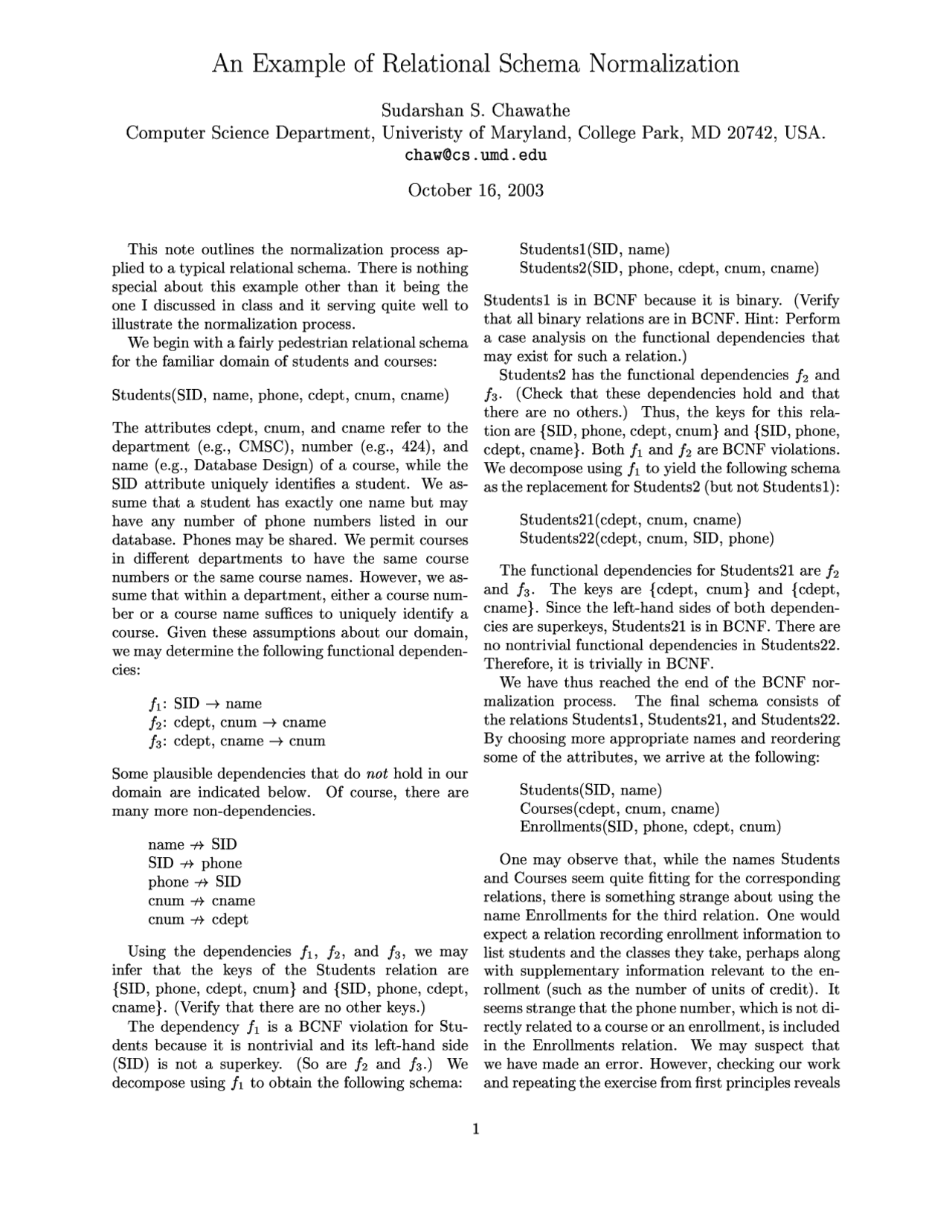 An Example Of Relational Schema Normalization Cmsc 424 Docsity