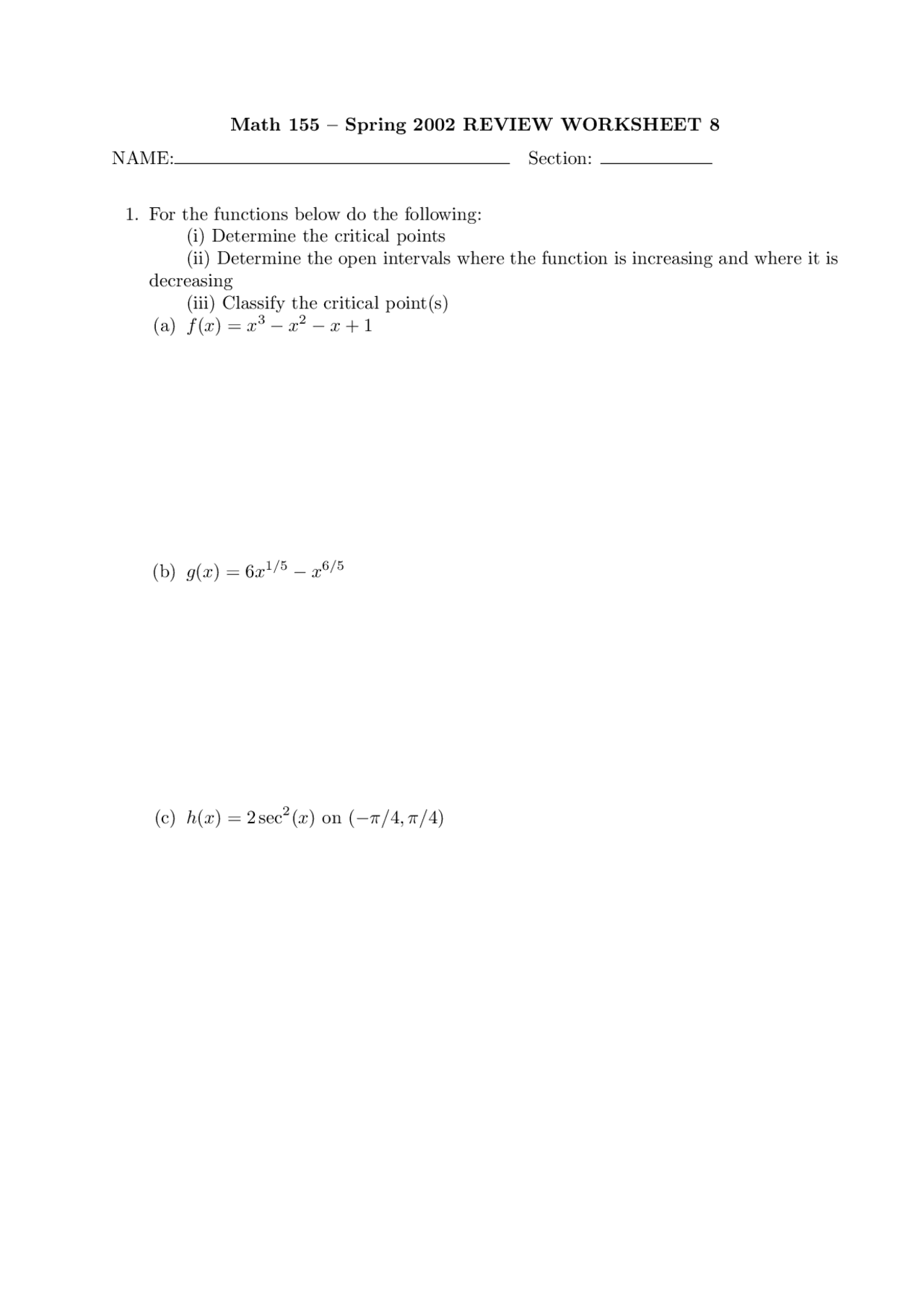 Review Worksheet 8 Calculus 1 Math 155 Docsity