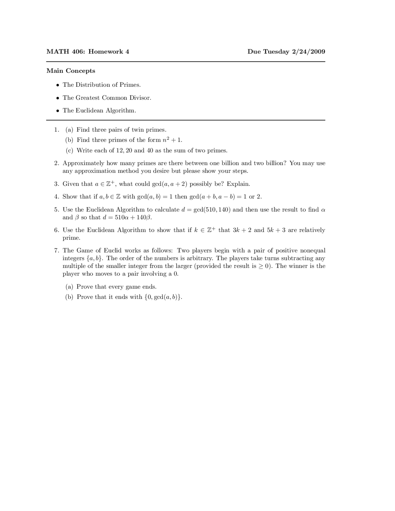 Math 406 Homework 4 Primes Gcd Euclidean Algorithm And The Game Of 9882