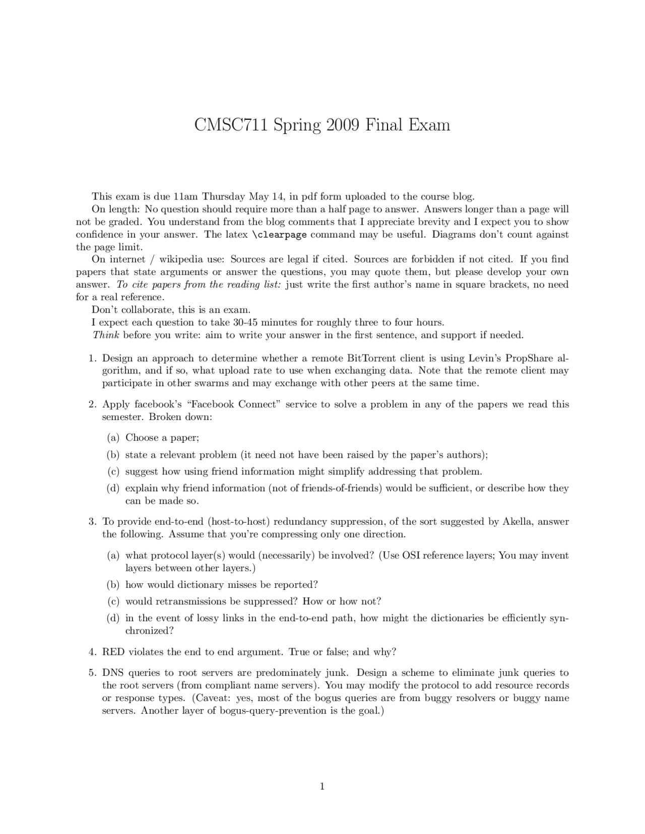 CMSC711 Spring 2009 Final Exam: Instructions and Questions - Prof. Neil Spring | Exams Computer ...