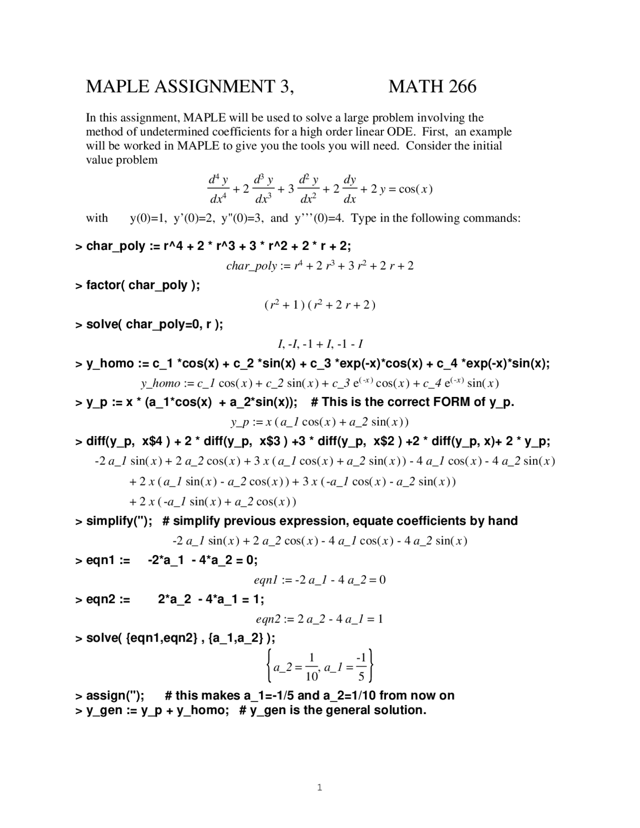 Maple Assignment 3 Ordinary Differential Equations Ma 26600 Docsity