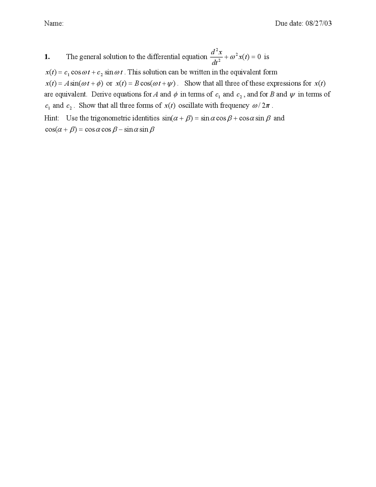 Assignment 1 Physical Chemistry Fall 2003 Chem 3510 Docsity