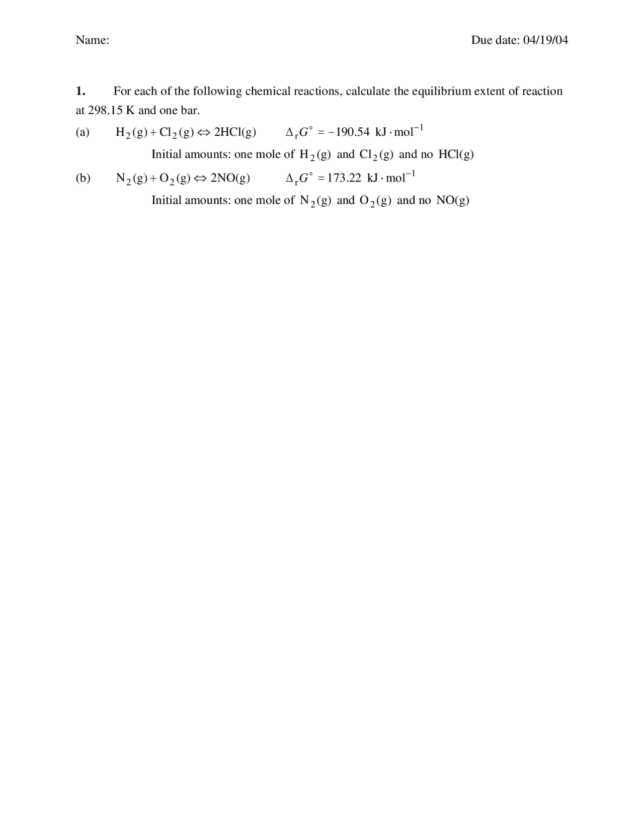 12 Questions For Assignment 10 Physical Chemistry Chem 3520 Docsity