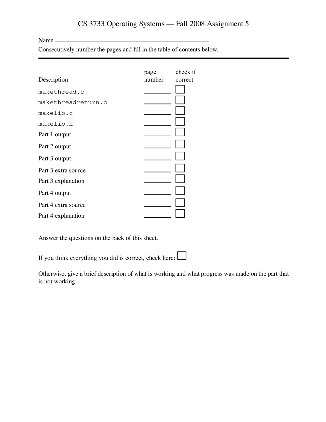 CS 3733 Operating Systems Assignment 5 - Fall 2008 | Assignments Operating Systems | Docsity