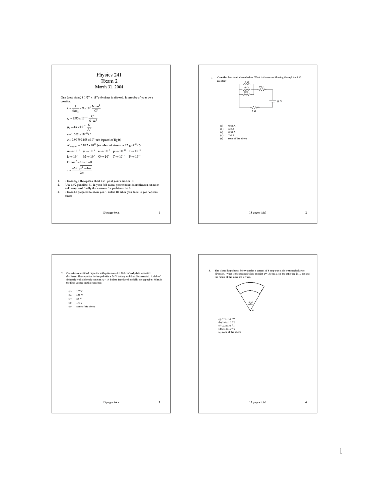Exam 2 With Solution For Electricity And Optics Phys 24100 Exams