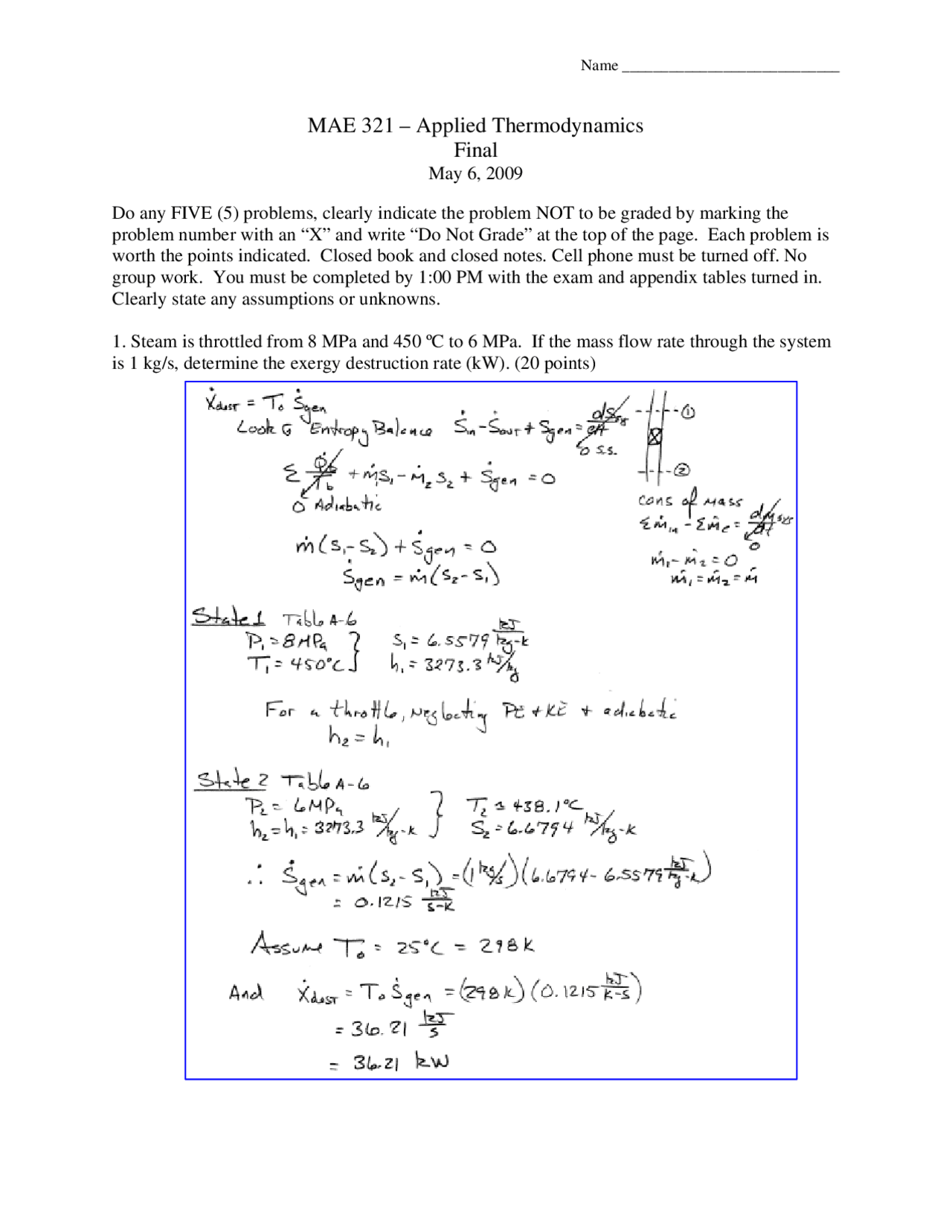 Final Exam Questions With Solutions For Applied Thermodynamics Mae