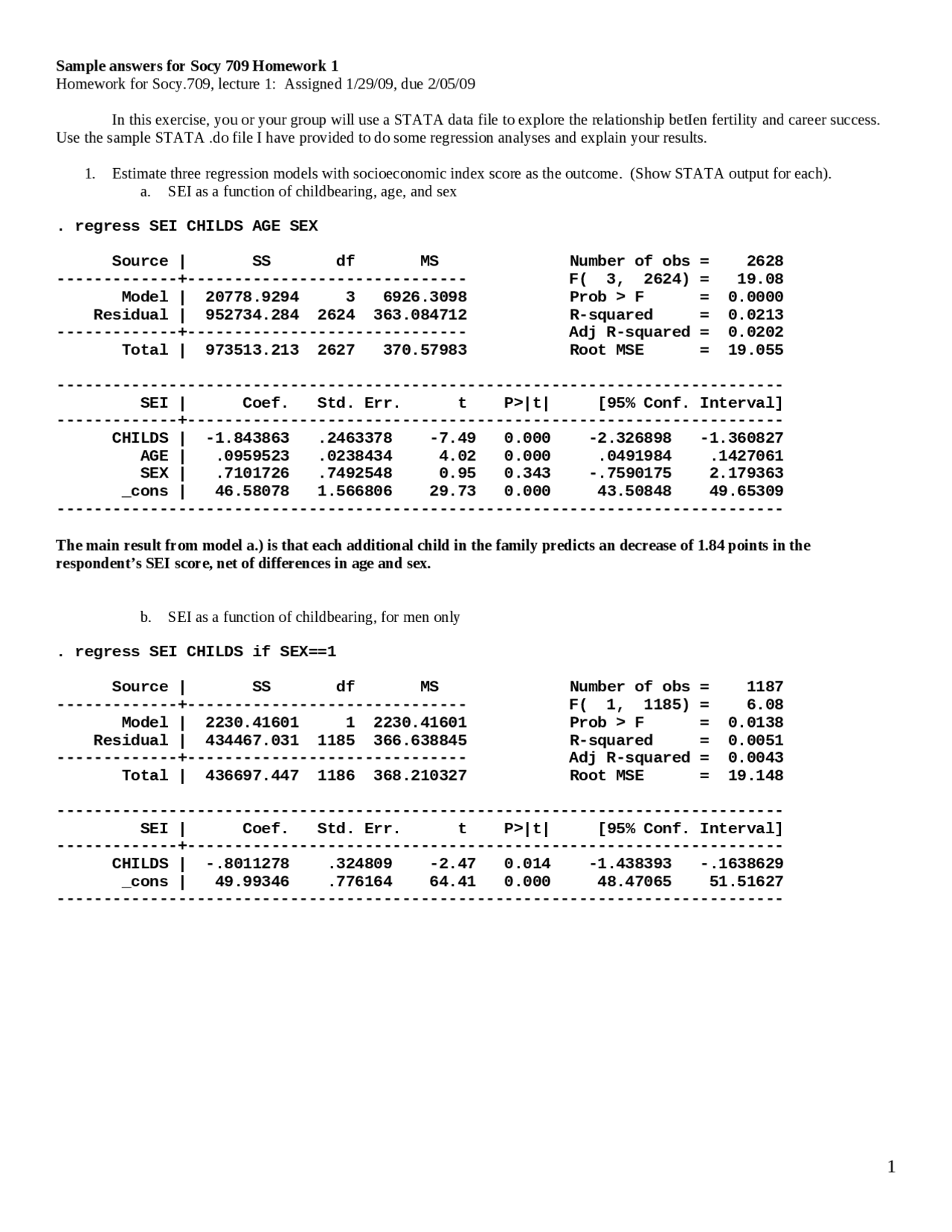 8 Solved Problems On The Regression Model Assignment 1 Socy 709