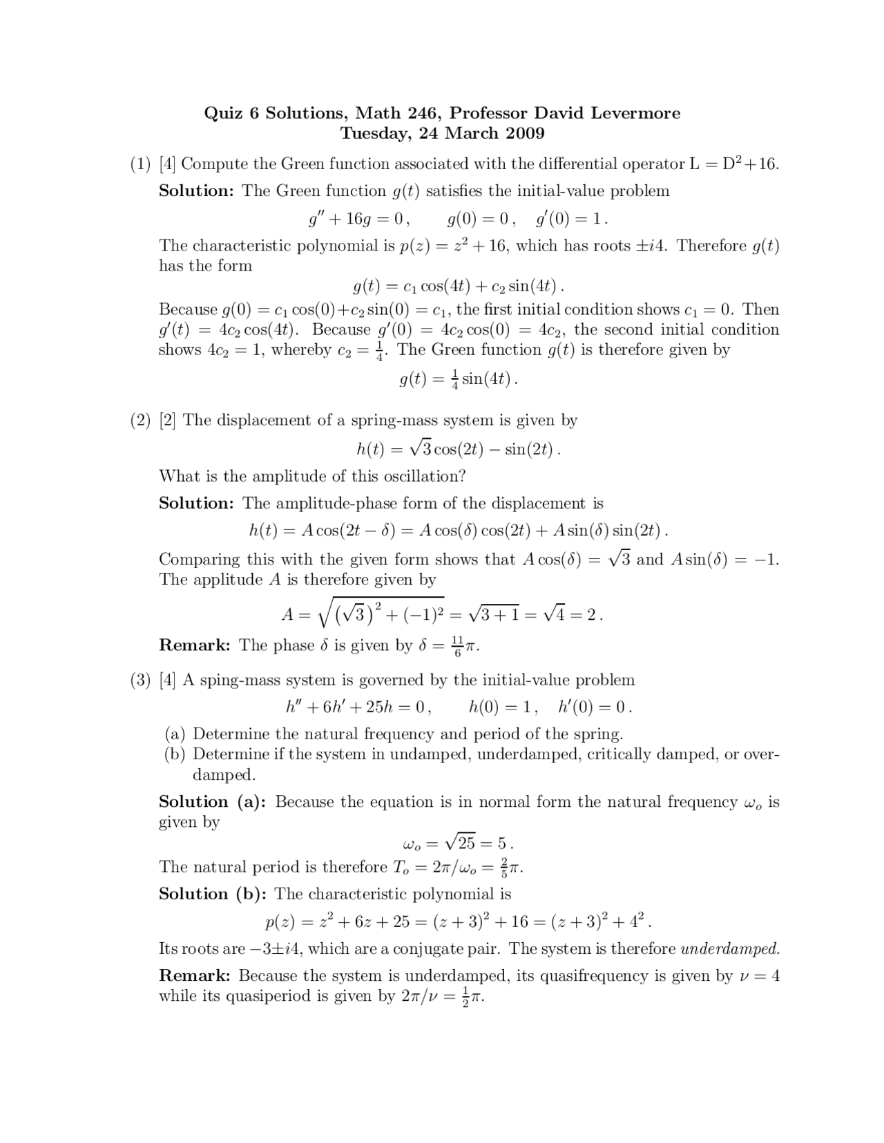 Quiz 6 With Solution Differential Equation For Science Math 246