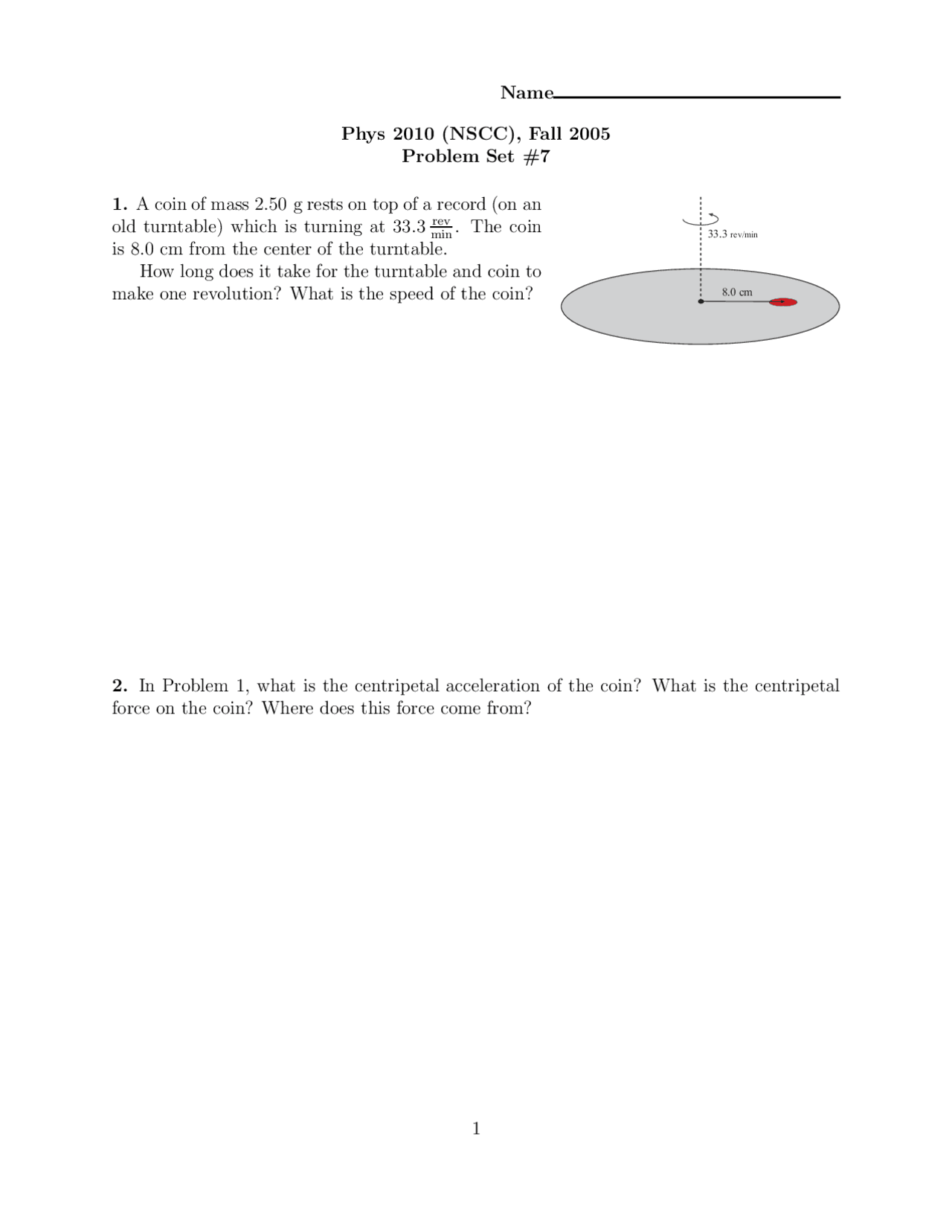Algebra Based Physics I Problem Set 7 Phys 2010 Docsity
