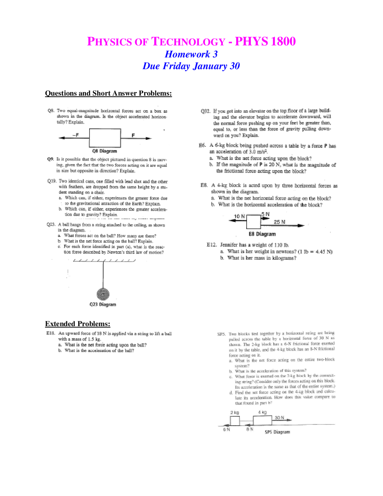 Physics Of Technology Homework 3 Problems Phys 1800 Docsity