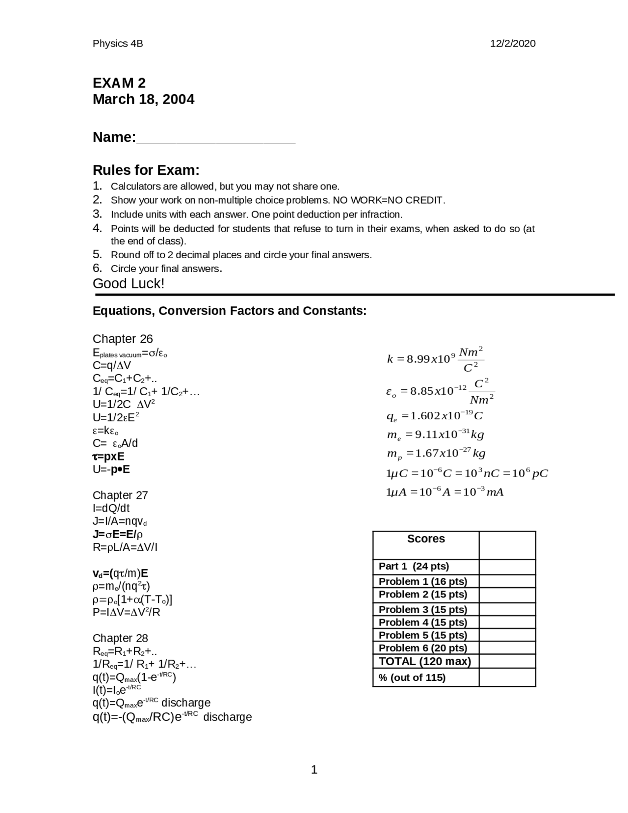 Physics 4B Exam 2, March 18, 2004 | Exams Physics | Docsity
