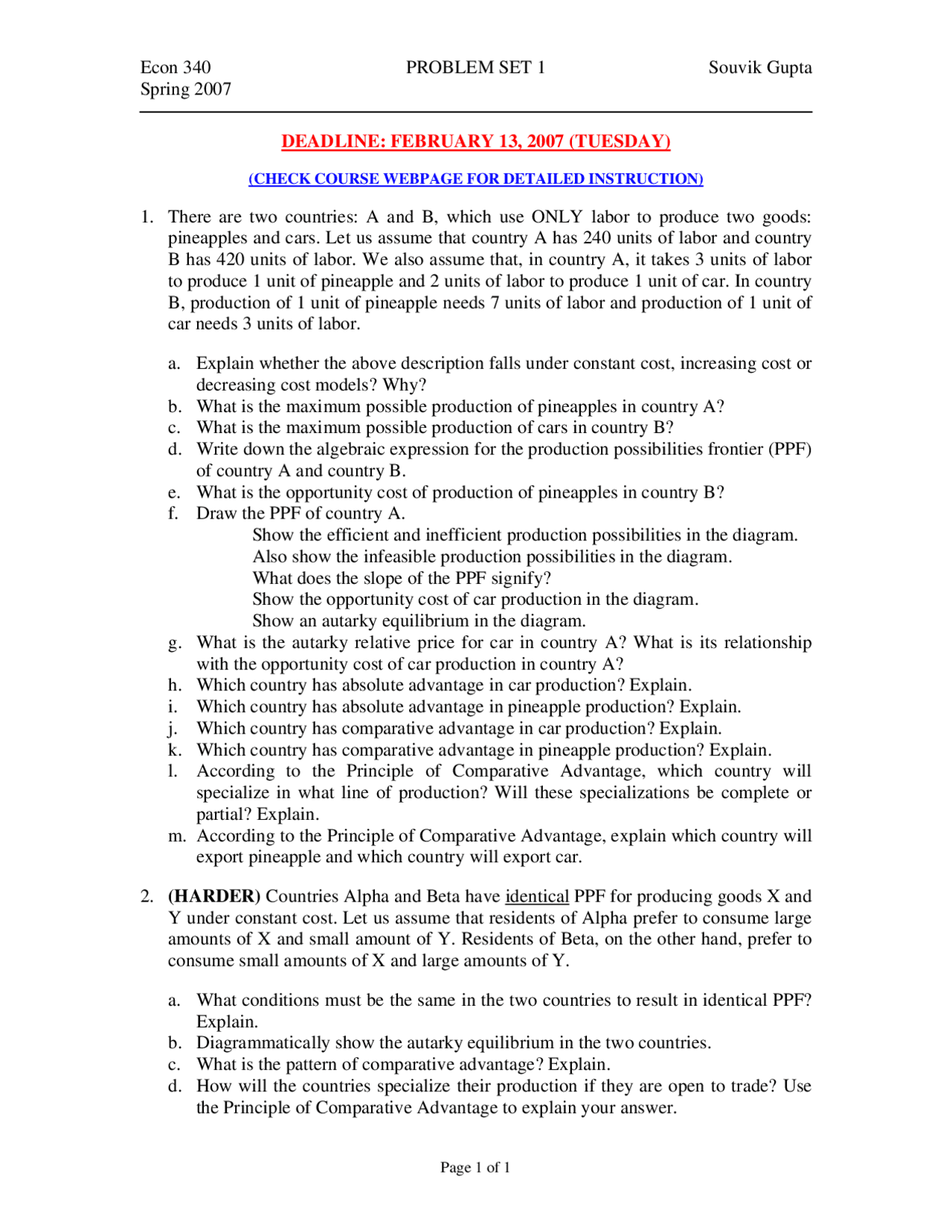 Problem Set 1 - International Economics | ECON 340 - Docsity