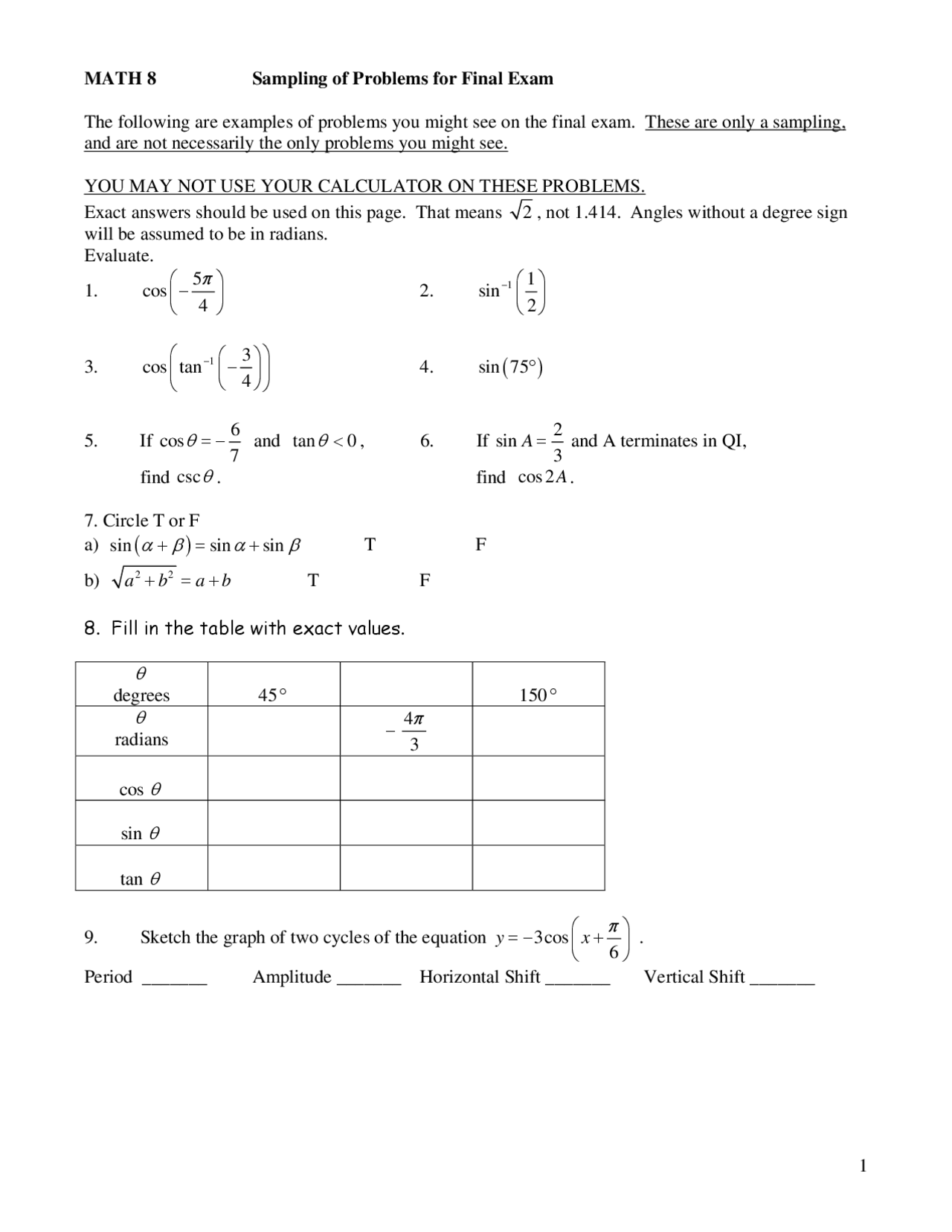 Sample Problems For Final Exam Trigonometry Math 0008 Docsity