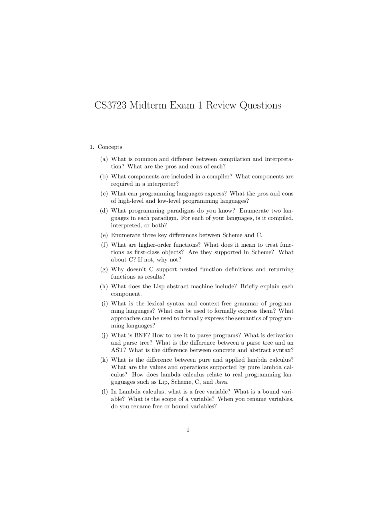 Questions on Programming Languages for Midterm Exam 1 | CS 3723 - Docsity