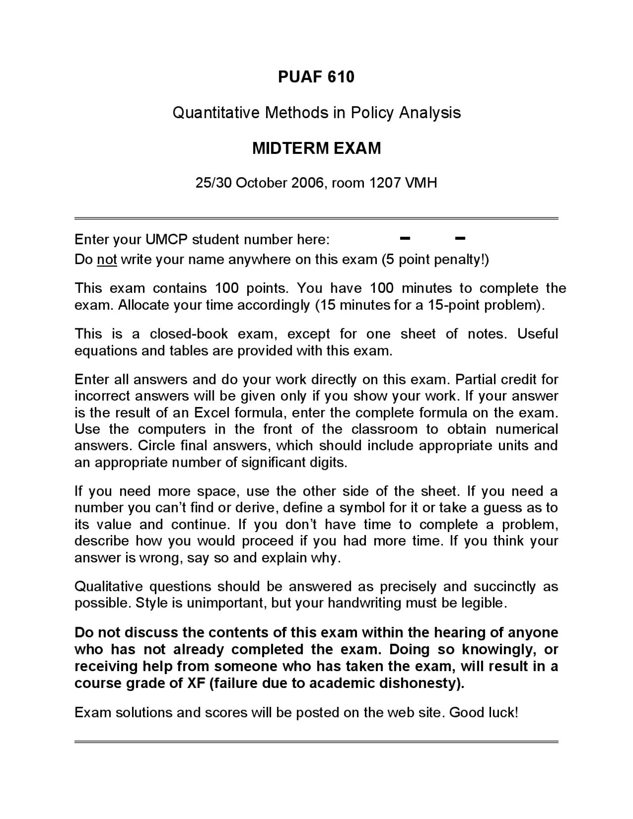 6 Questions Midterm Exam Quantitative Aspects Of Policy Analysis