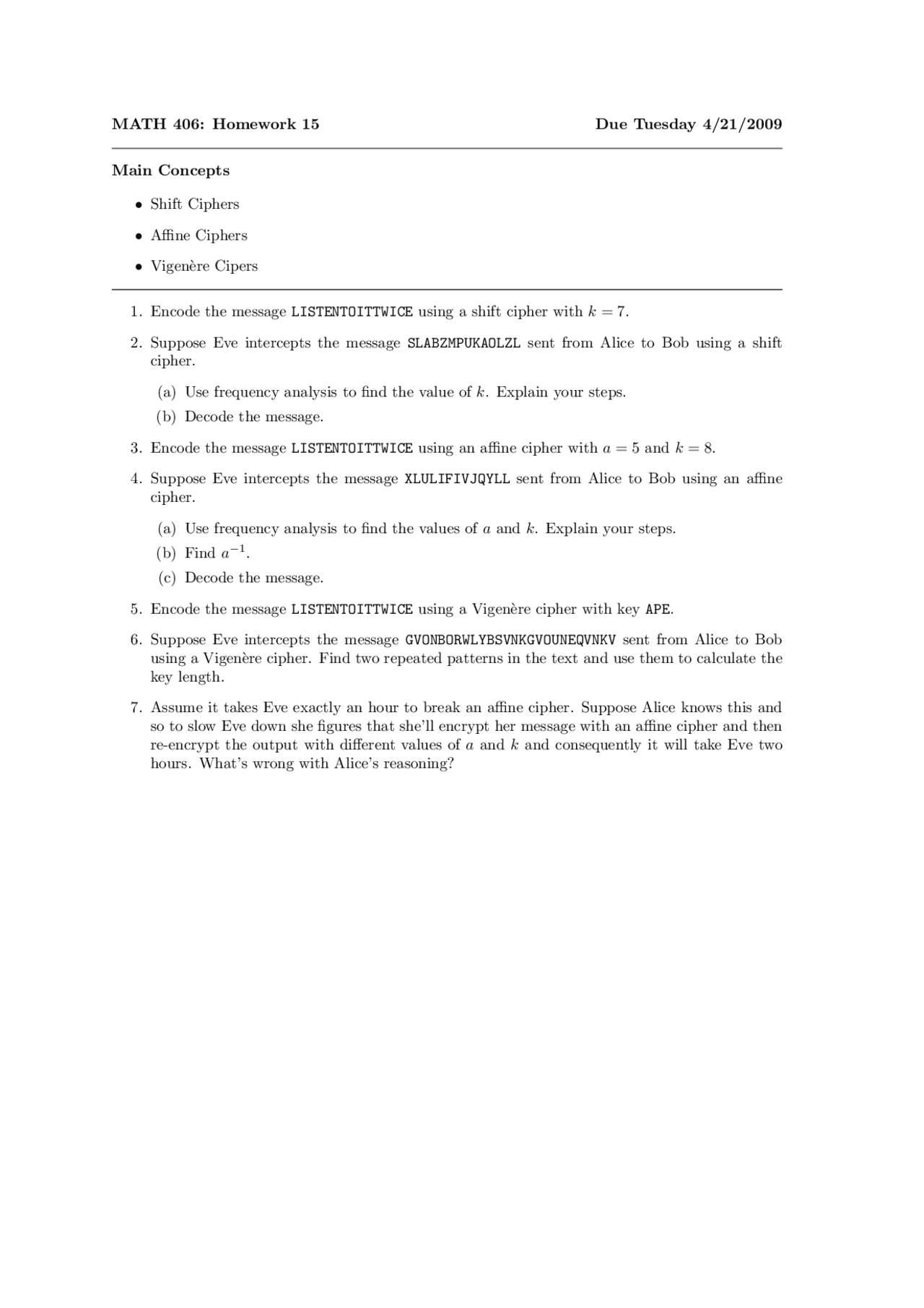 Shift Ciphers Affine Ciphers And Vigenere Ciphers Assignment 15
